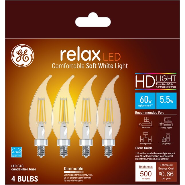 GE Relax HD 60-Watt EQ CAC Soft White Candelabra Base (e-12) Dimmable ... GE Relax HD 60-Watt EQ CAC Soft White Candelabra Base (e-12) Dimmable ...