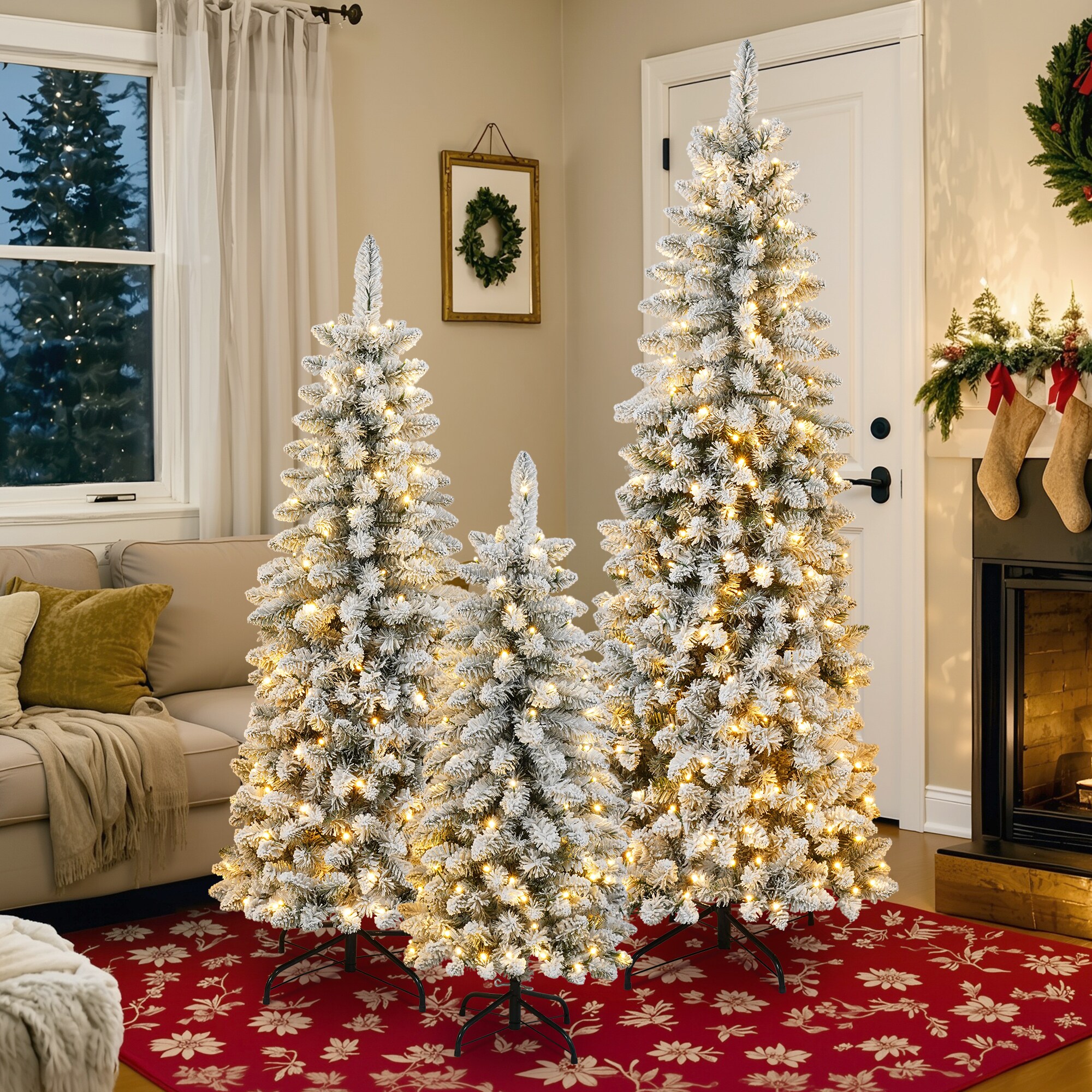 Huluwat YXJ 3 Pcs Flocked Artificial Christmas Tree Set with Lights 4ft ...