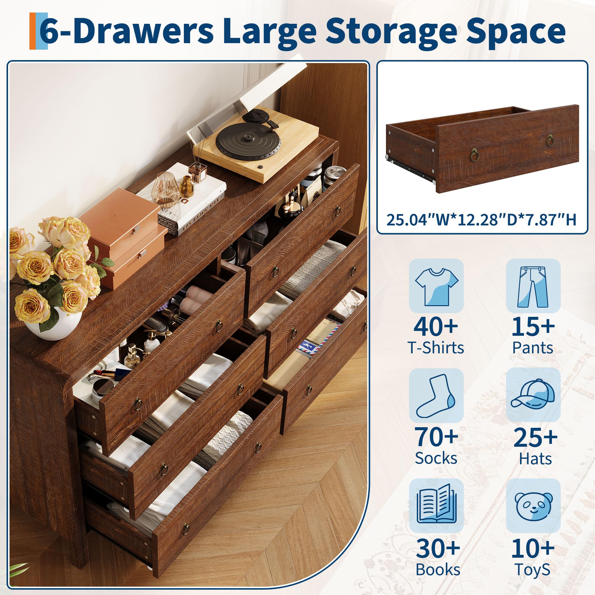 Garvee Modern 6 Drawer Dresser with Metal Handles 47-in Wide Wood Chest ...