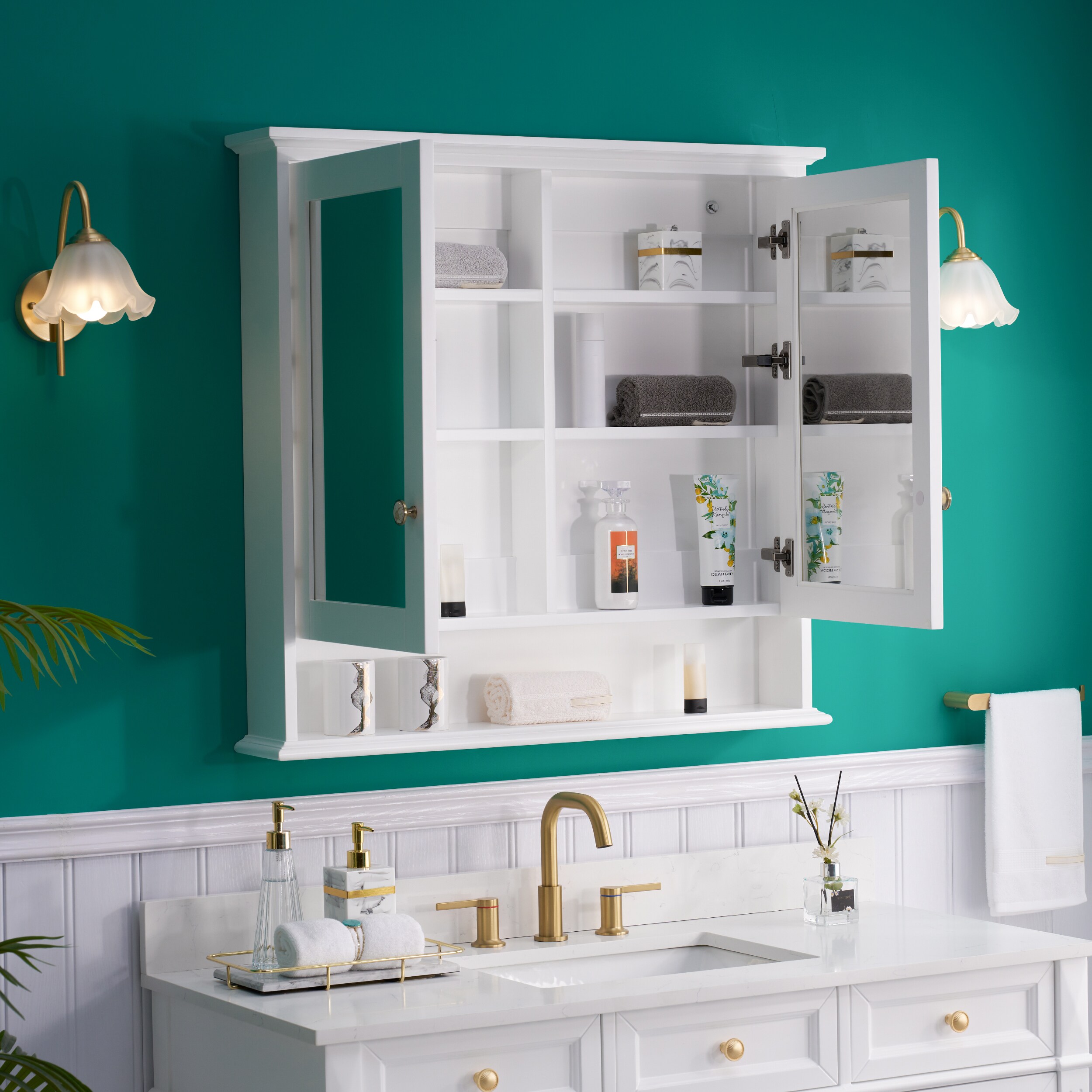 WELLFOR GRACE Solid Wood 36 in x 34 in Surface Mount White Mirrored Soft Close Medicine Cabinet C3634MC WT at Lowes