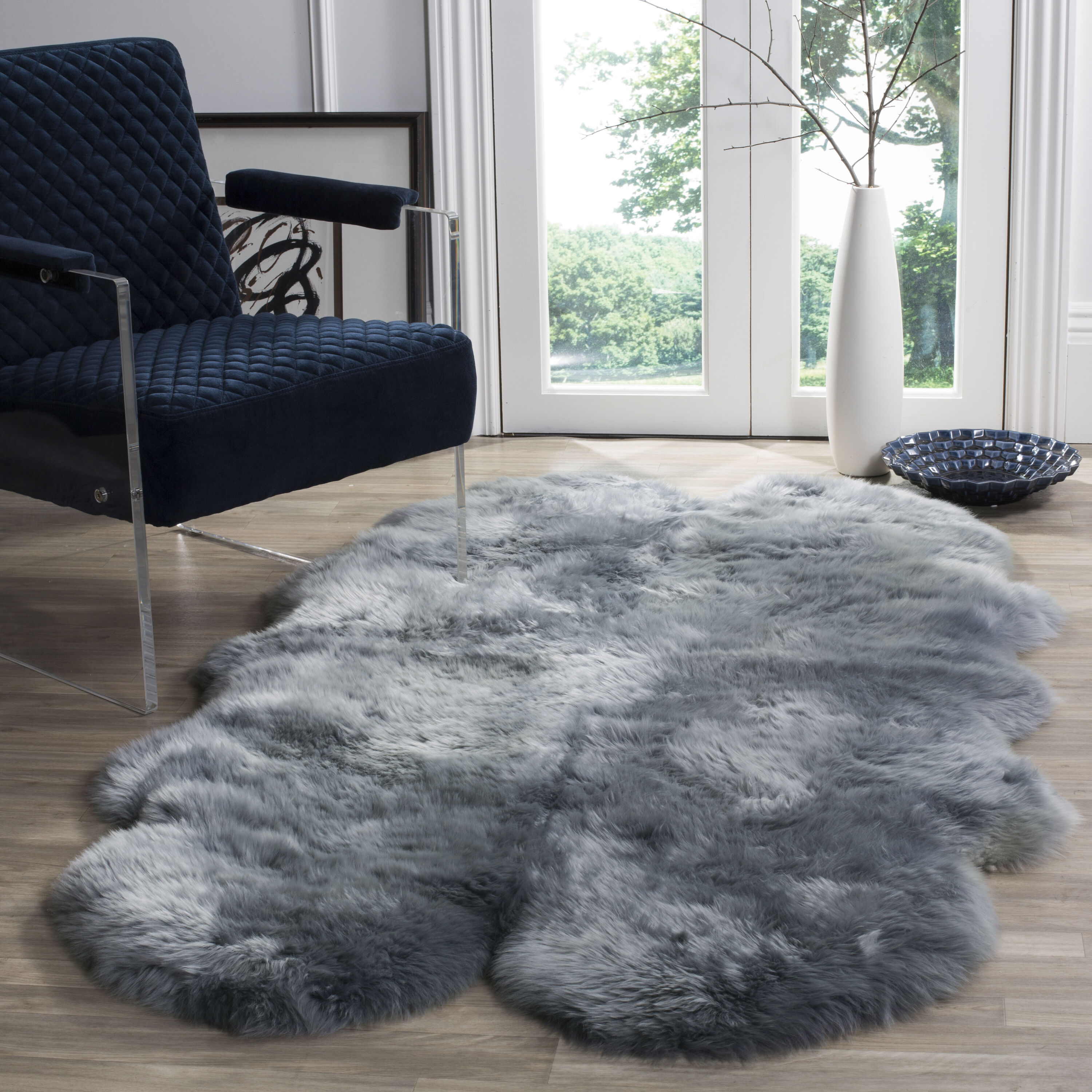 Safavieh Sheep Skin 121B Solid Steel Blue 3ft-7in x 6ft Shag Flokati ...