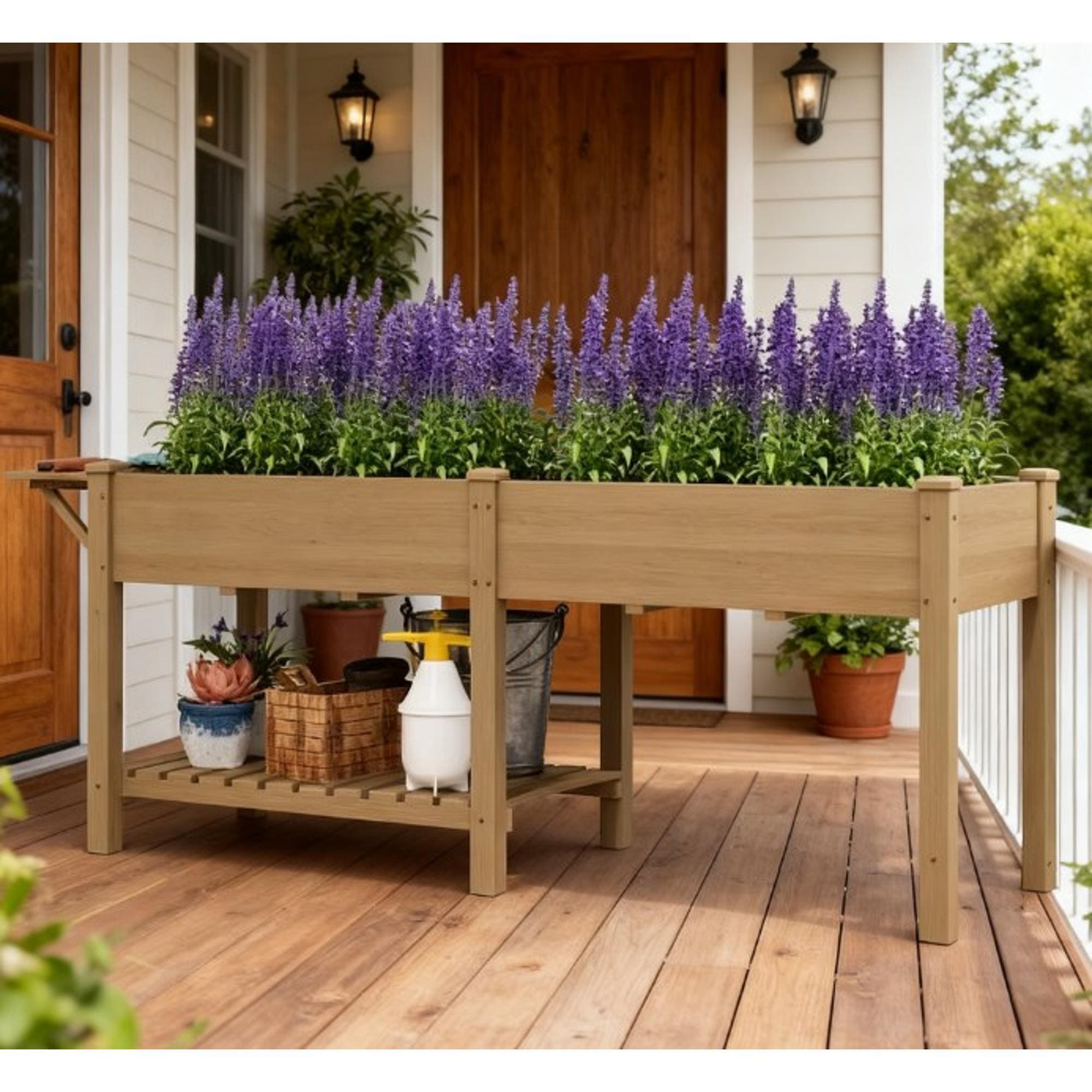 Watnature Elevated Garden Bed Wood Raised Garden Box with Side Table ...