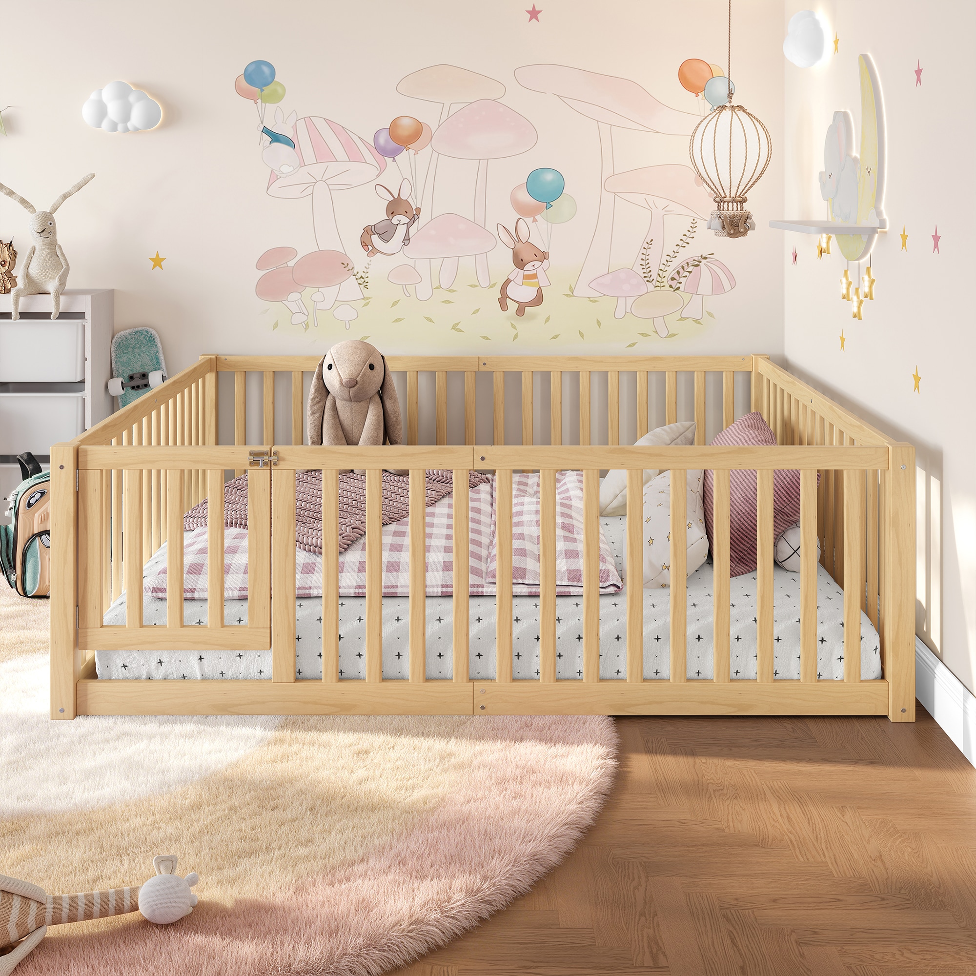Bellemave Natural Wood Toddler Bed Full Size Floor Bed with Guardrails ...