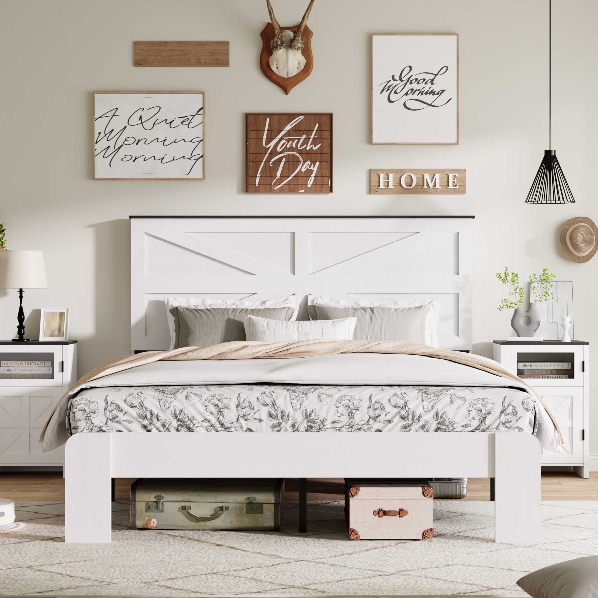 Clihome King White Bed Frame with Headboard in the Beds department at ...