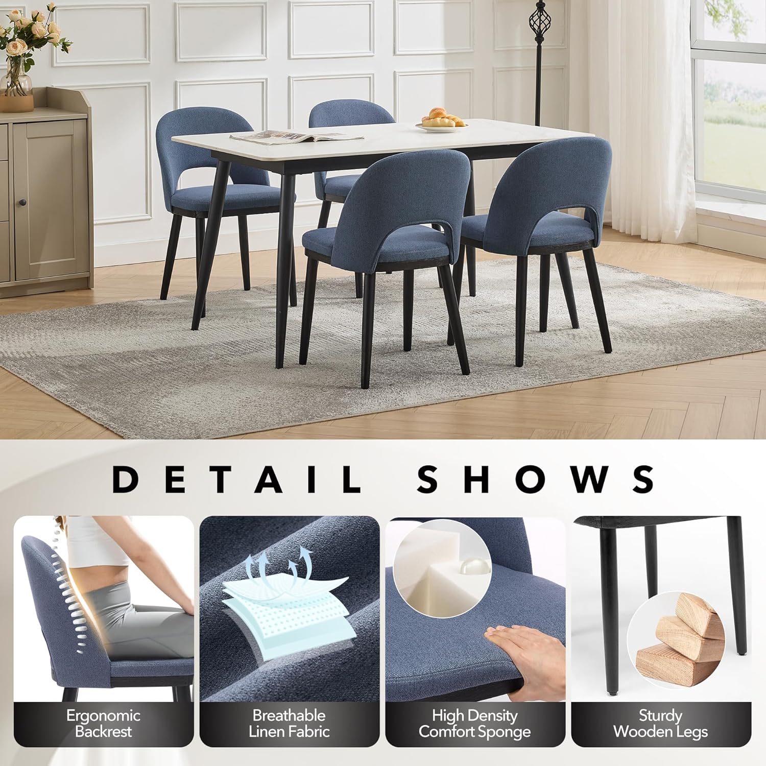 GAOMON Set of 6 Upholstered Dining Chairs Modern Fabric Wooden High ...