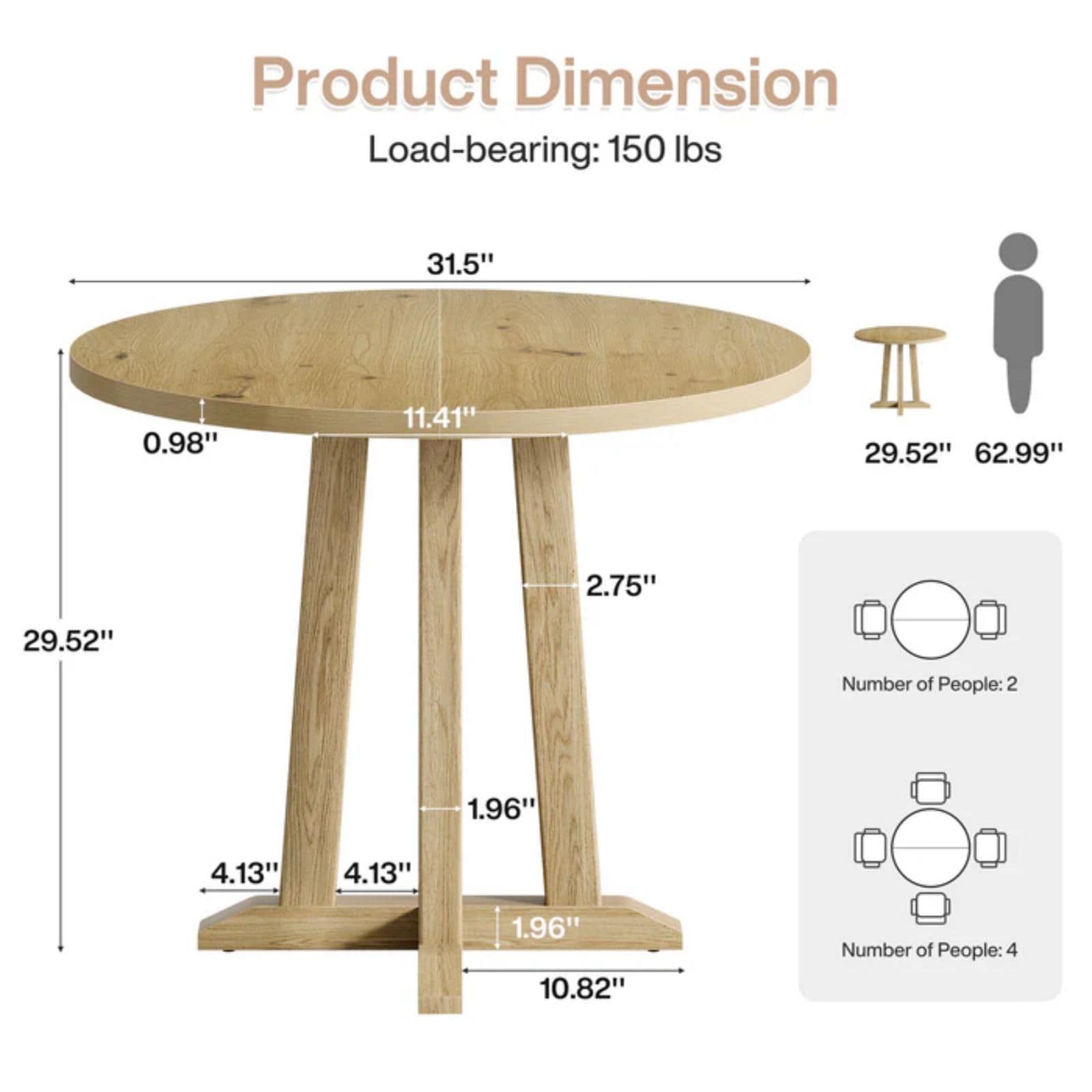 GlasFlength 32-Inch Round Dining Table Wood Kitchen Table with Stable ...