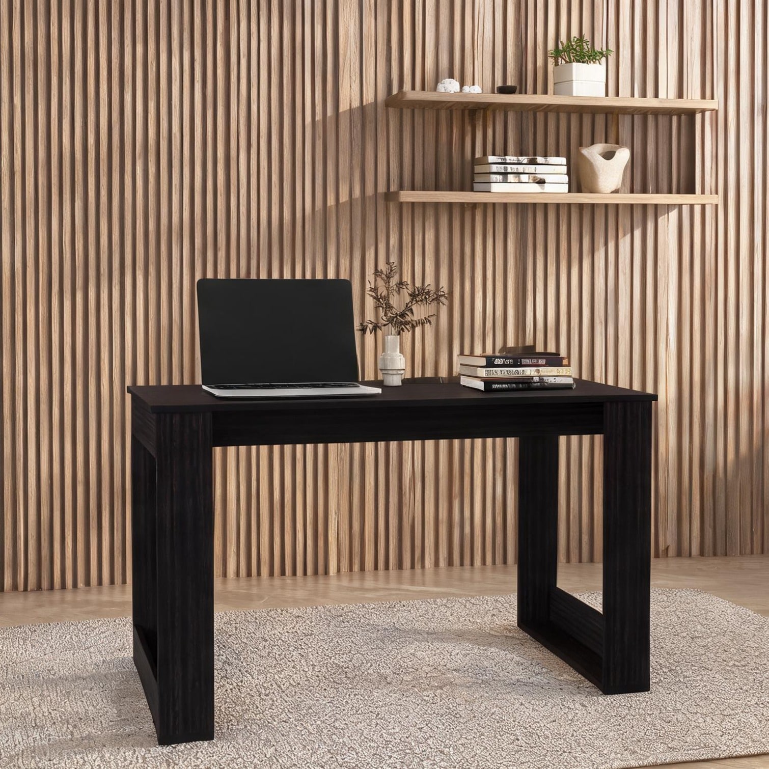 Watnature Compact writing desk with metal base MDF top in jet black ...