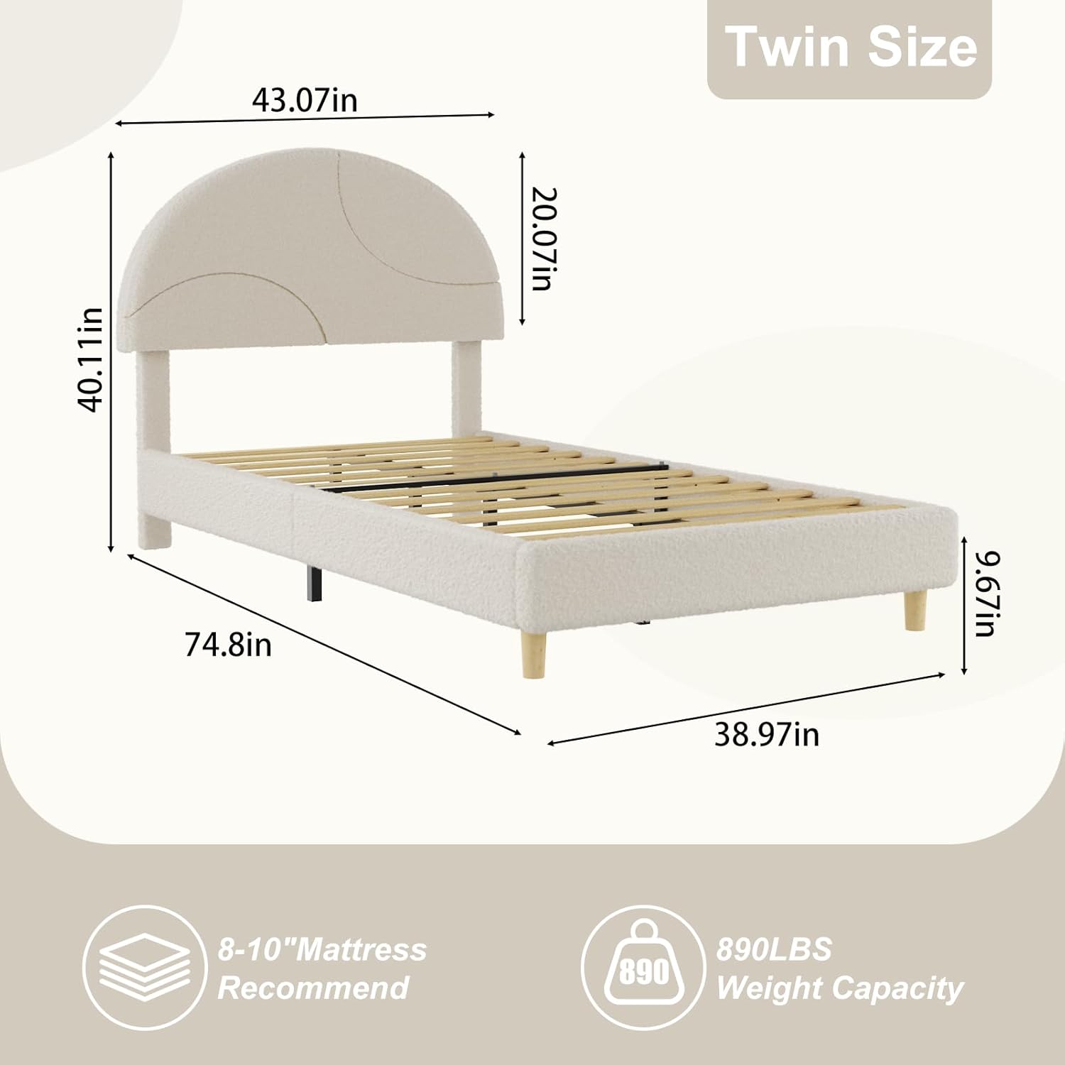 Garvee Twin Bed Frame with Upholstered Round Teddy Boucle Headboard ...