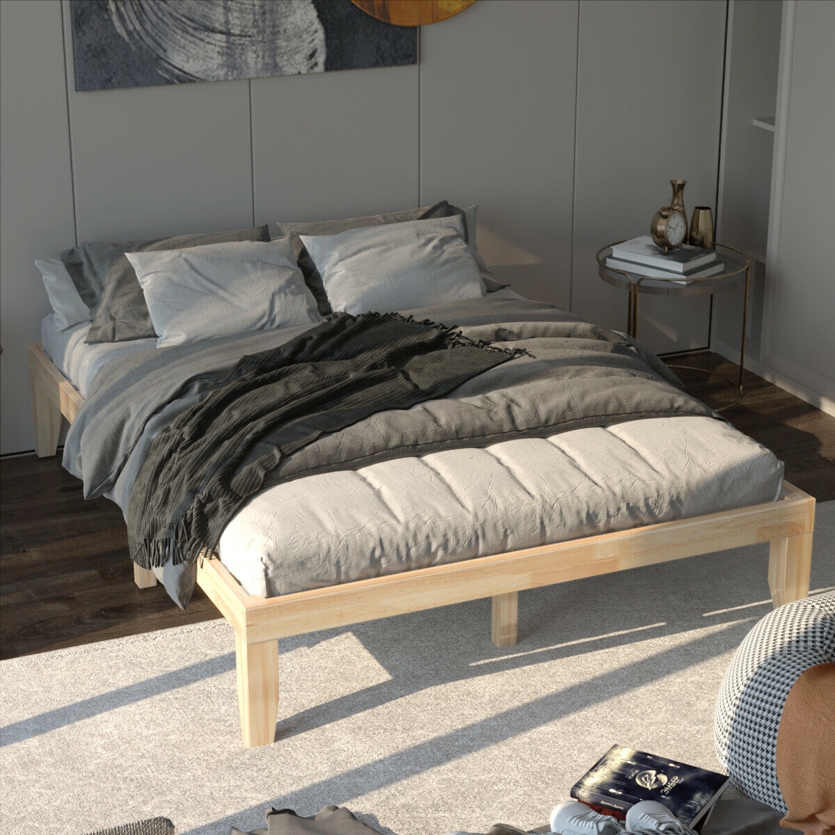 Slickblue Solid Rubberwood Platform Bed Frame With Poplar Slat Support ...