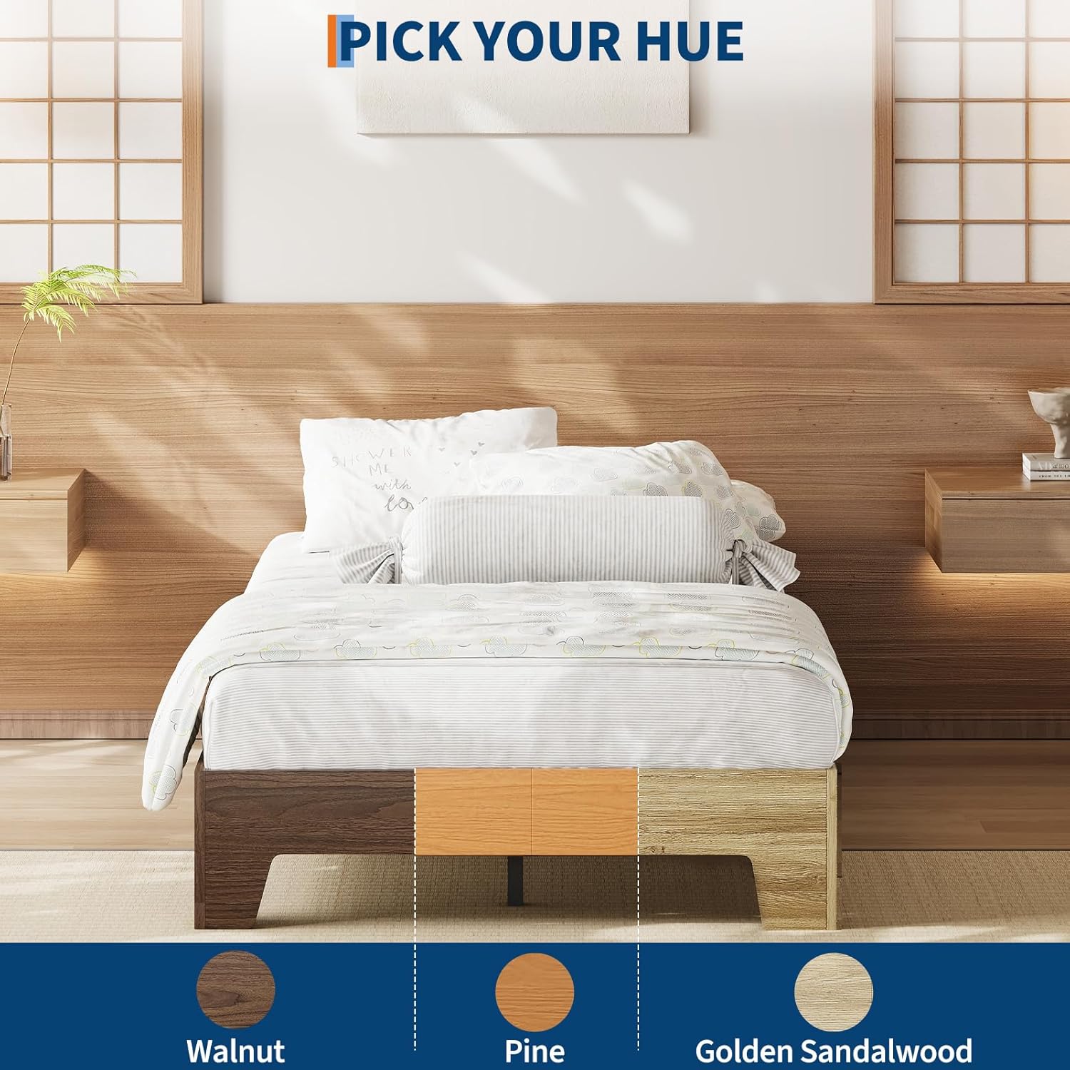 Garvee Twin XL Wood Bed Frame Nature Platform Strong Slats Silent Tape ...