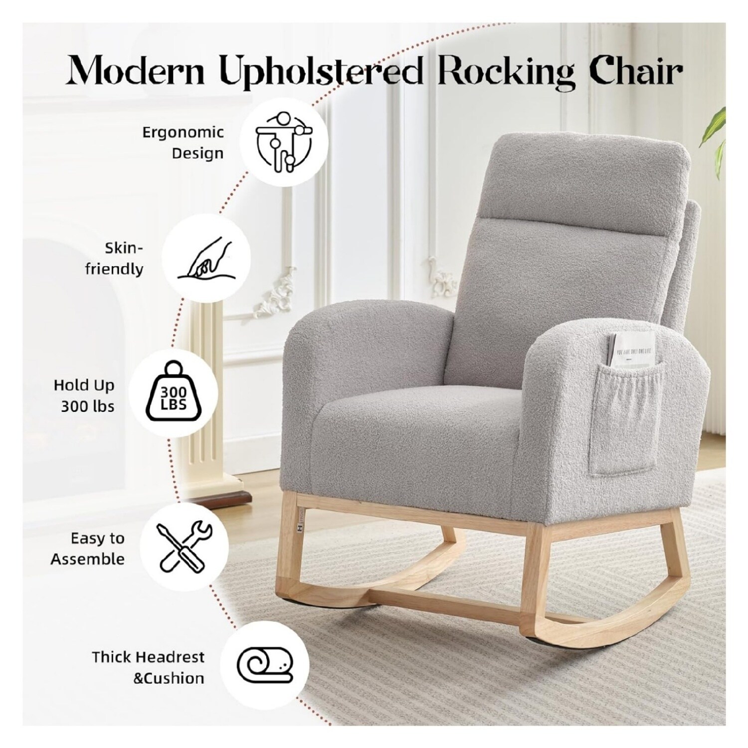 Garvee Nursing Rocking Chair Modern Upholstered Glider Rocker with High ...