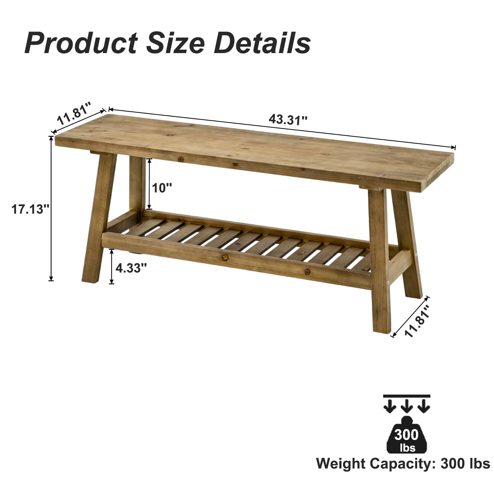 Vynxaria 43 Inch Farmhouse Wood Bench 2 Tier Narrow Rustic Storage ...