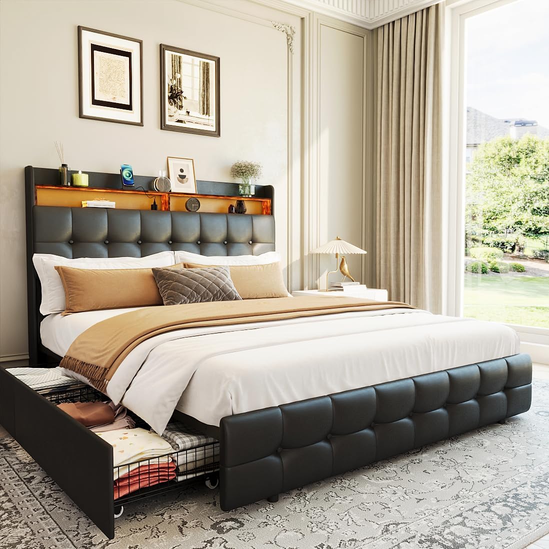 Garvee Upholstered FULL/QUEEN Bed Frame with Headboard/ 2 Storage ...