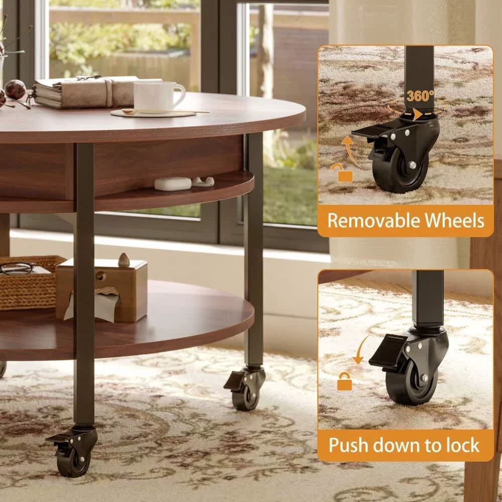 Aok Garden Lift Top Coffee Table with Storage Shelves and Wheels Round ...
