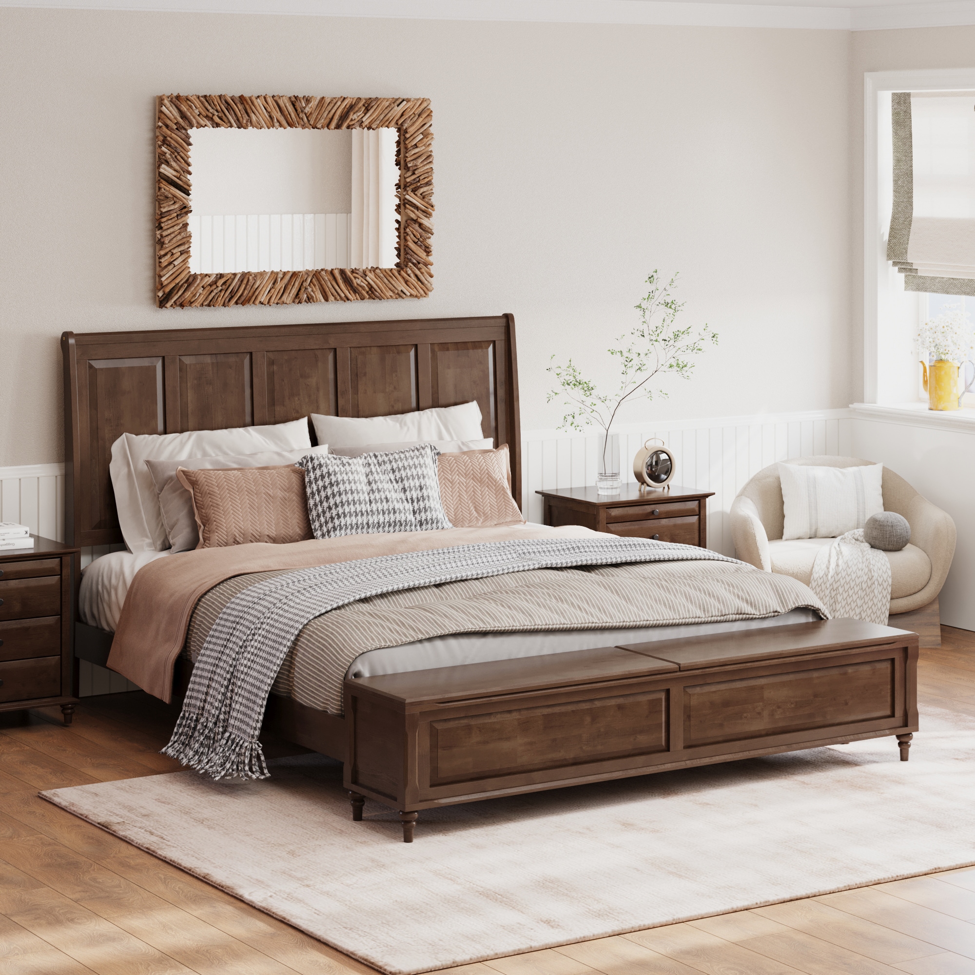 Tinyhomie King Bed Frame with Tall Headboard and Storage Bench Soild ...