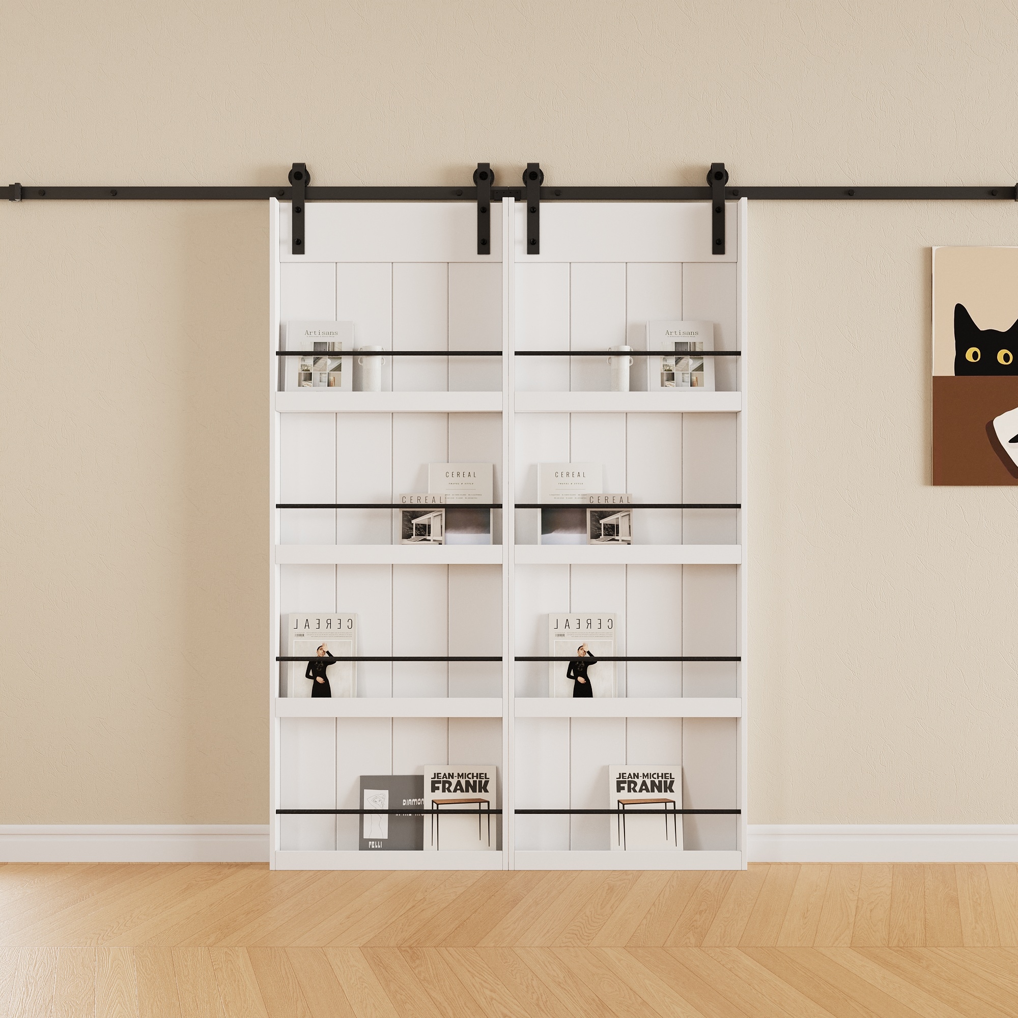 JUJUBON 96-in x 84-in White Bookshelf MDF Solid core Double Barn Door ...