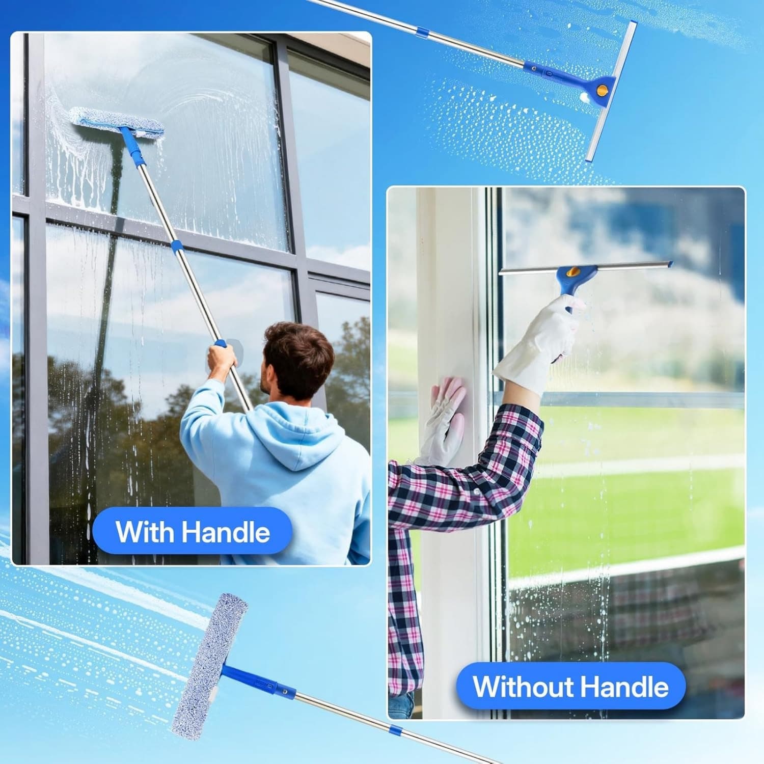 Angel Sar 5-Piece Stainless Steel Long Handle Blue Window Cleaning Kit ...