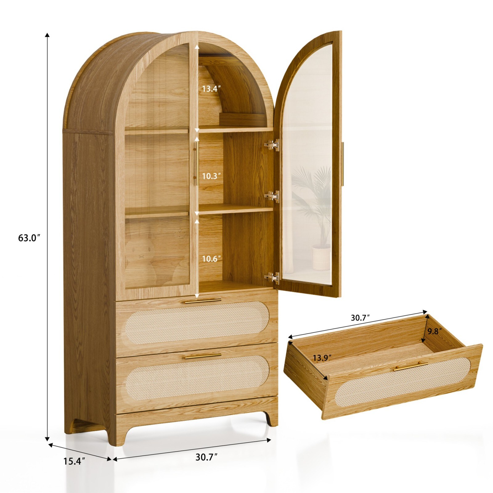 GlasFlength 63-Inch Arched Storage Cabinet Rattan Door Display ...
