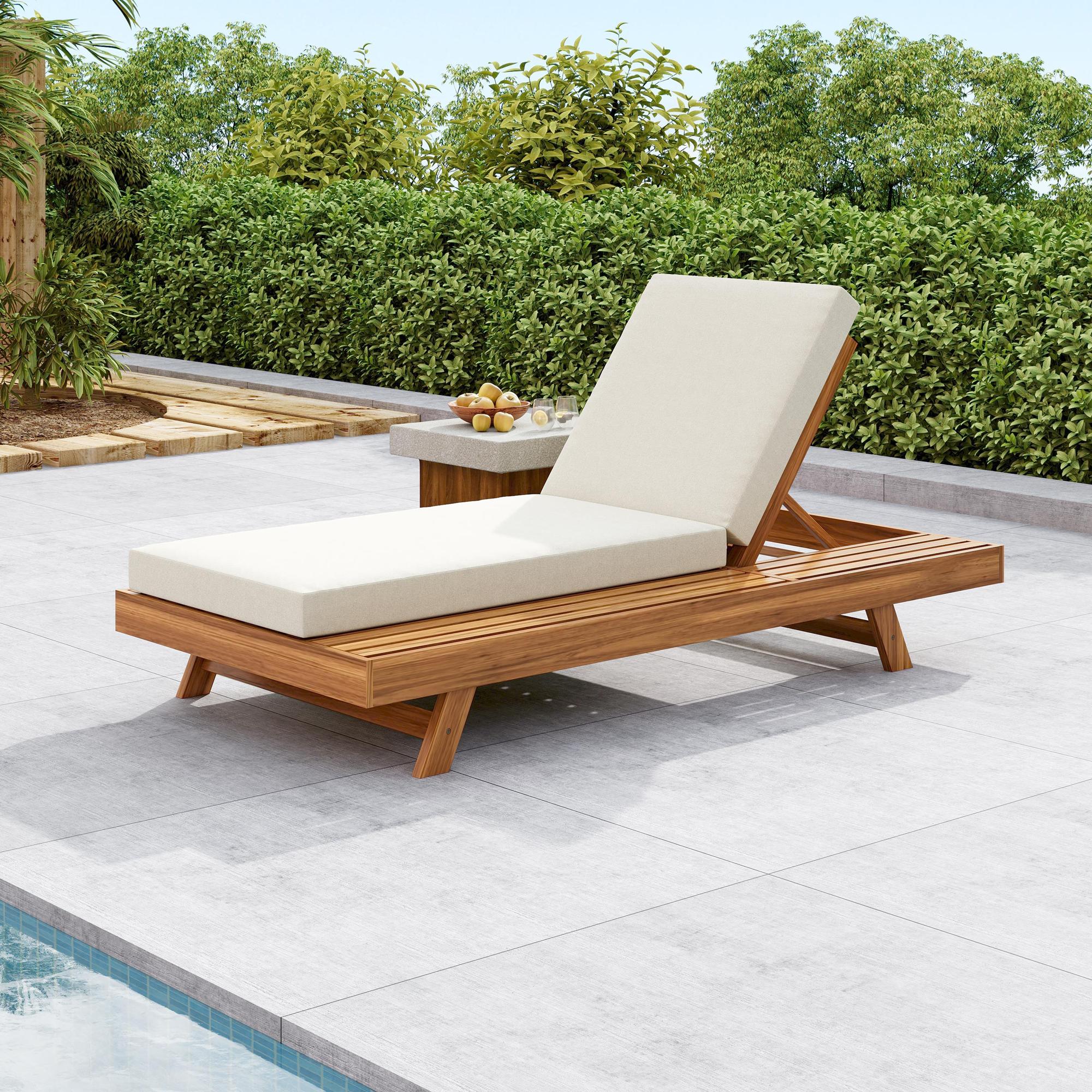 Watnature Outdoor Chaise Lounge Set Adjustable Acacia Wood with Cream ...