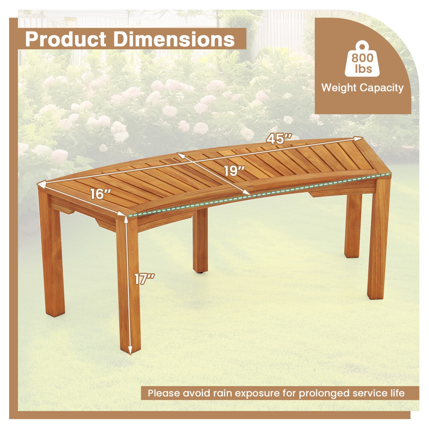 Slickblue 45 inch W x 17 inch H Natural Acacia Wood Patio Bench ...