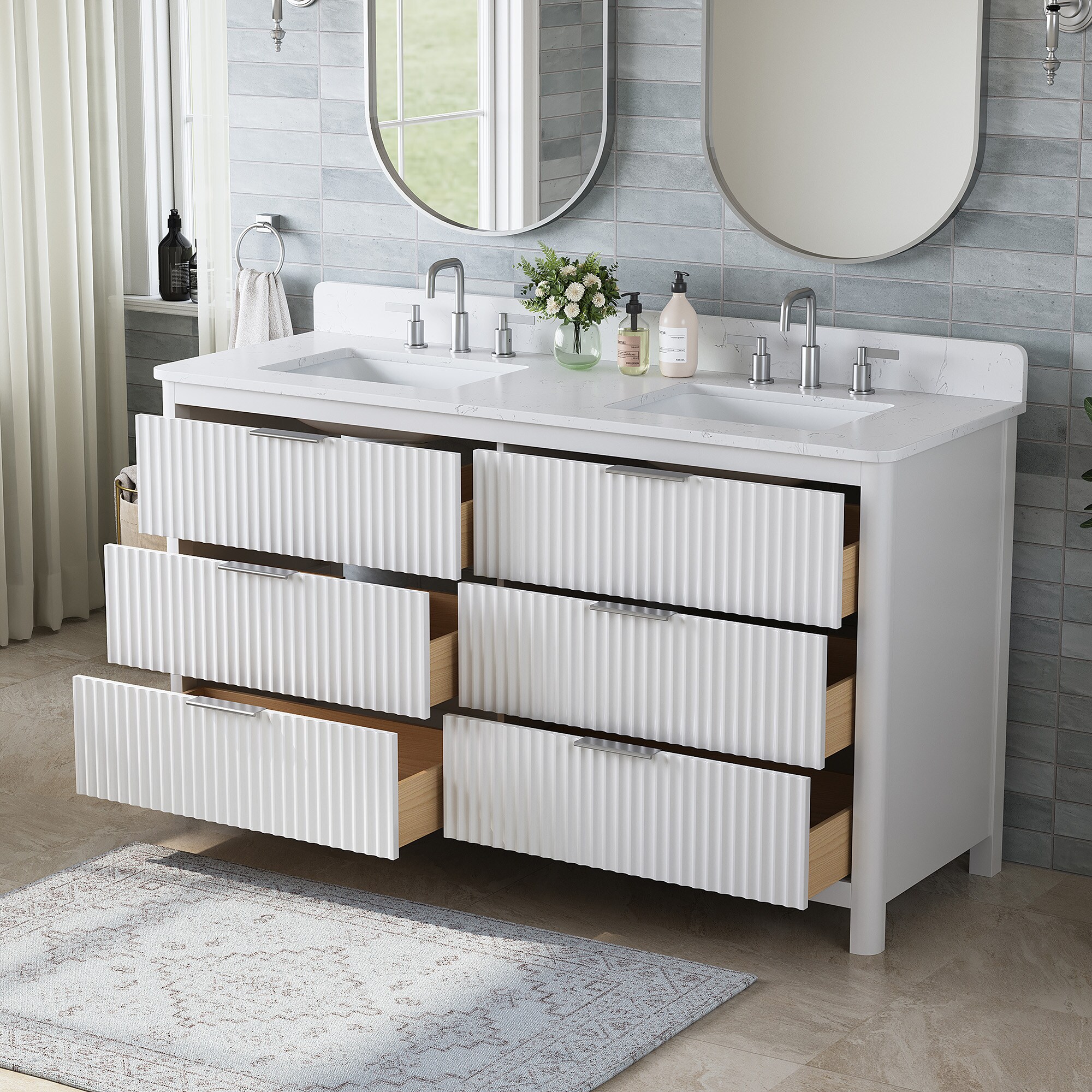 DELUXE LIVING WhiteSnow 60-in White Undermount Double Sink Bathroom ...
