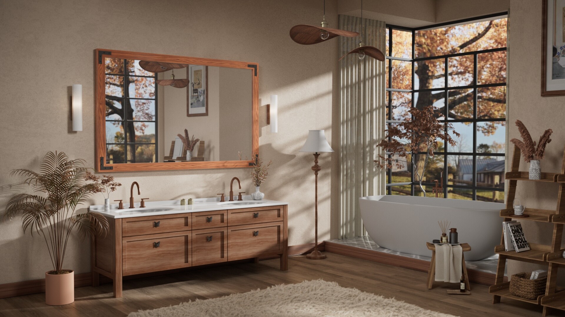 TETOTE 48 x 30 in Brown Pine Wood Framed Mirror Bathroom Wall Mirror in ...