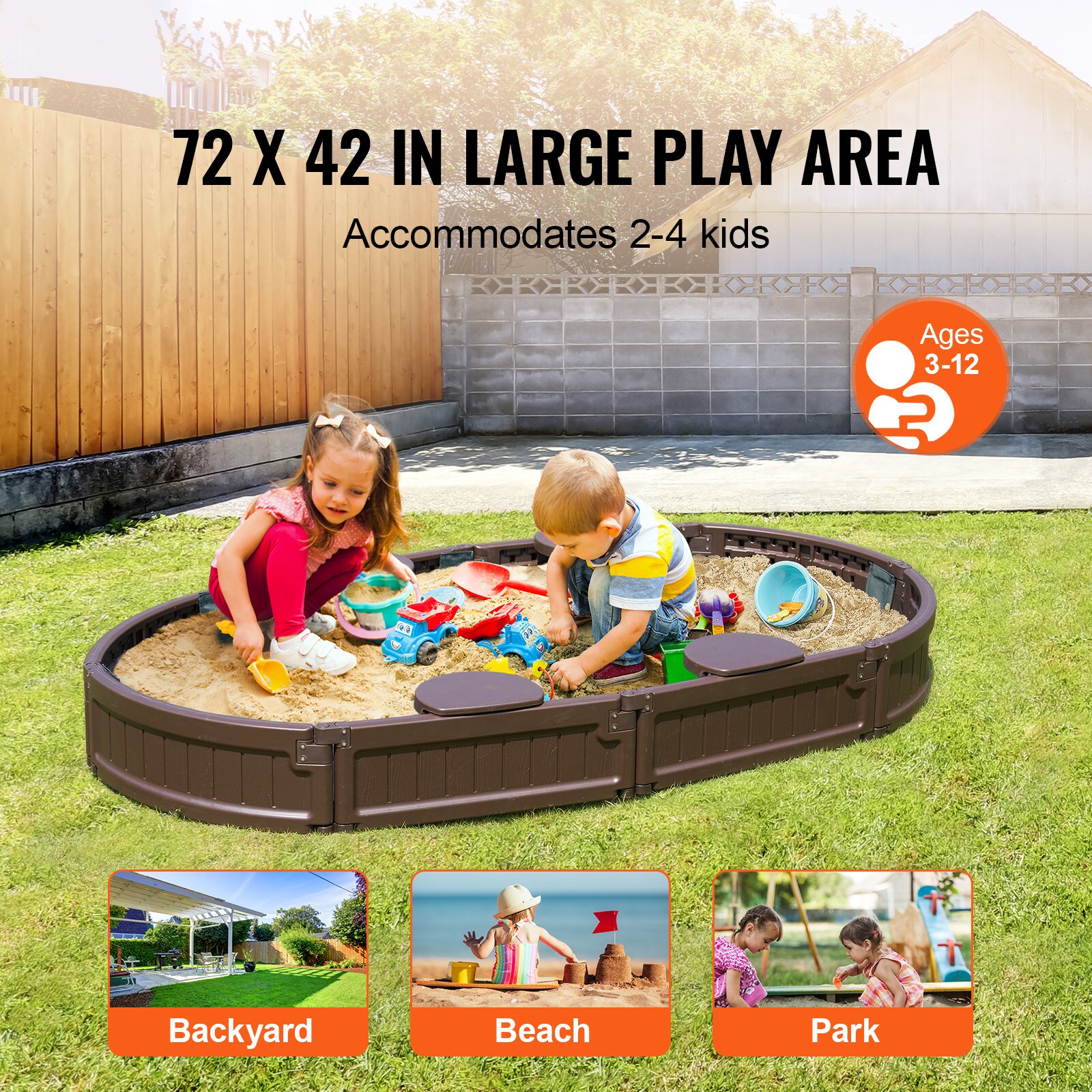 VEVOR Sandbox with Cover 72 x 41.5 x 9.1 in Oval Sand Box HDPE Sand Pit ...