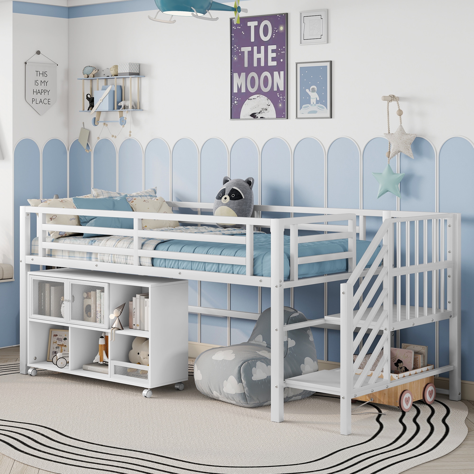 LUXEYARD Twin Metal Loft Bed with Storage Cubby Low Metal Loft Bed with ...