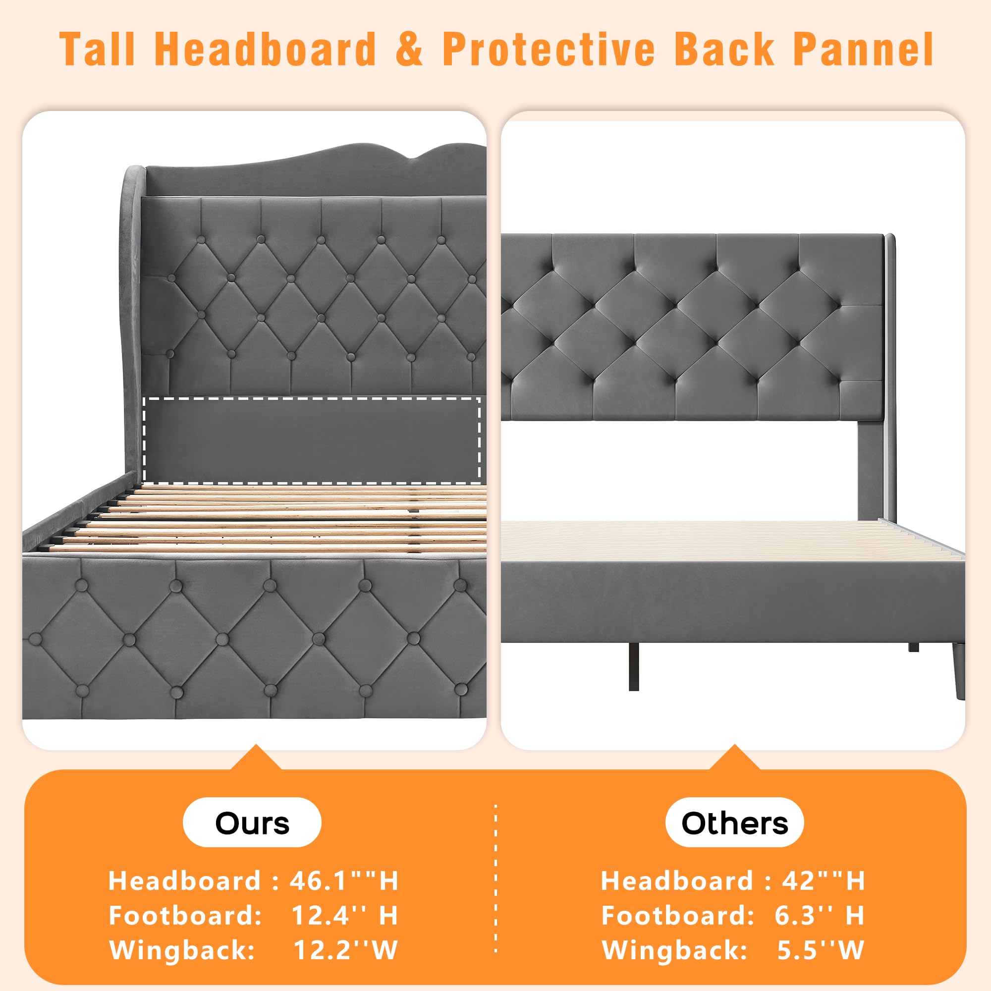 GarveeLife Bed Frame with Velvet Upholstered HeadboardMetal Platform ...