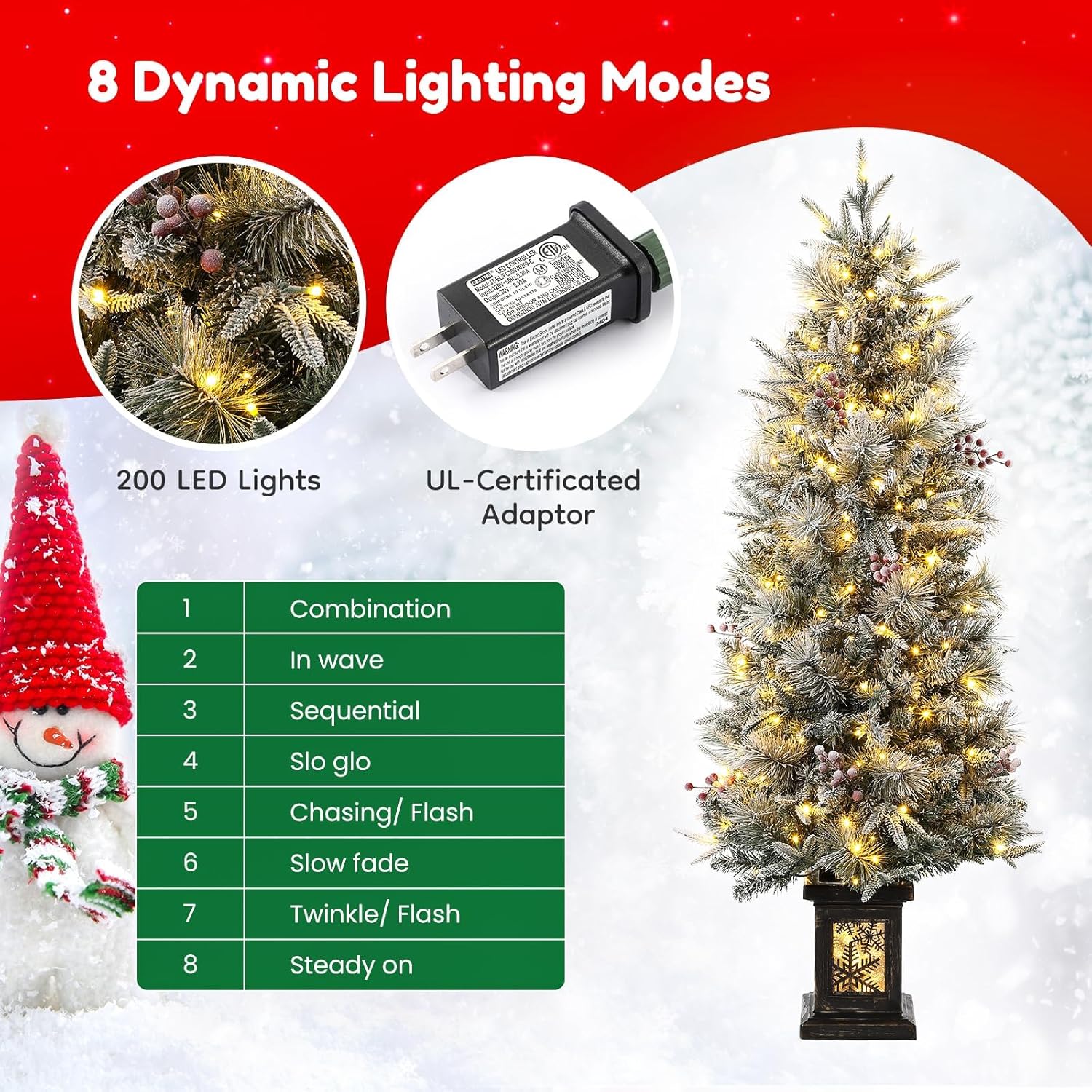 Garvee Pre-Lit Snow Flocked Artificial Pine Tree 8 Mode Warm White ...