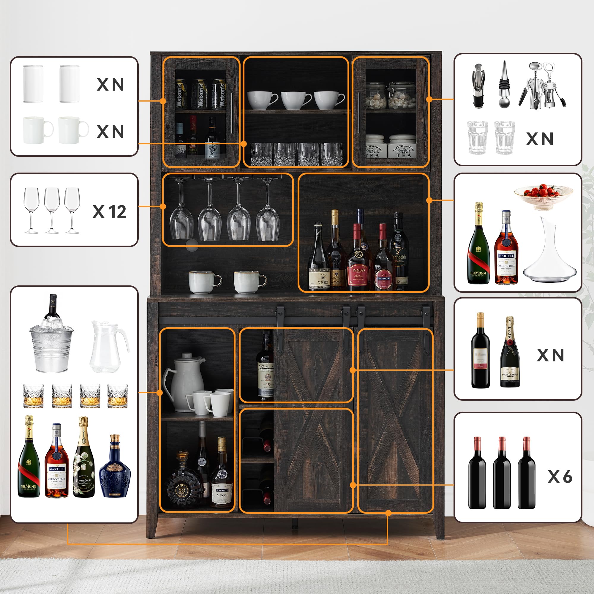 Garvee Wine Coffee Bar Cabinet with Storage Hutch Tall Kitchen Pantry ...