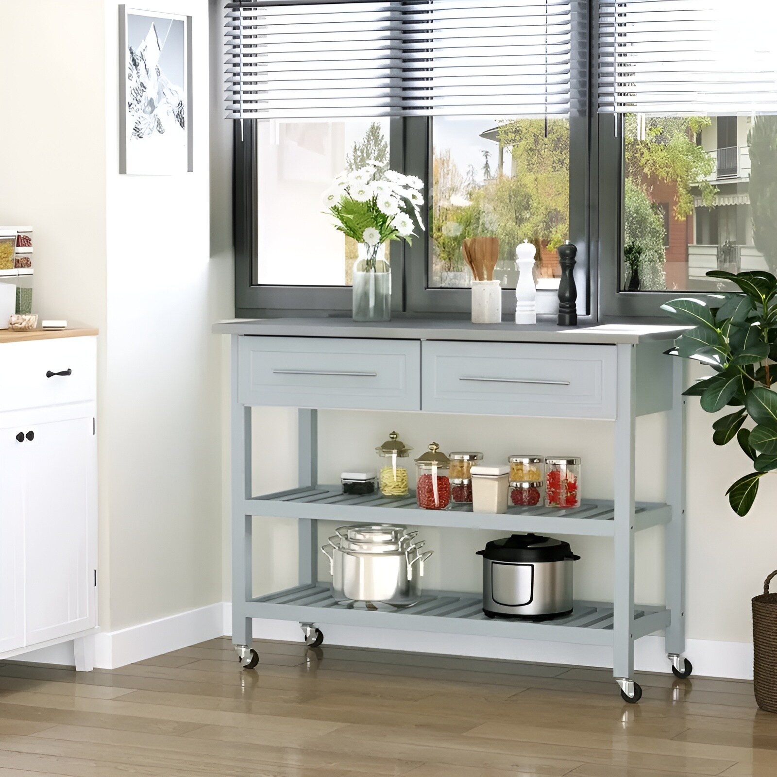 Slickblue Light Gray Rolling Kitchen Island Cart 2 Drawers Storage with ...