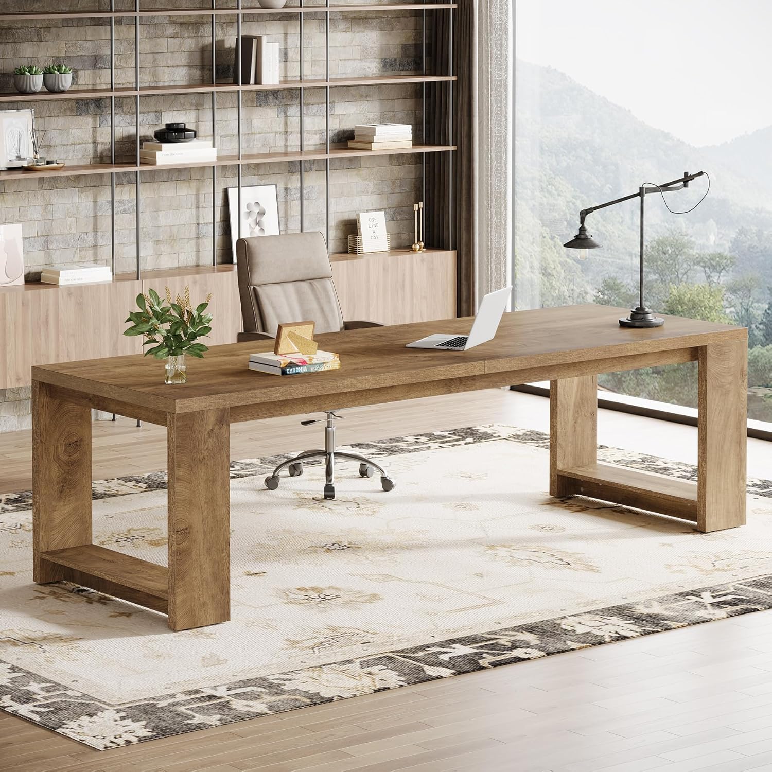 Tribesigns 86.6 inch W Natural Oak Extra Long Computer Desk Writing ...