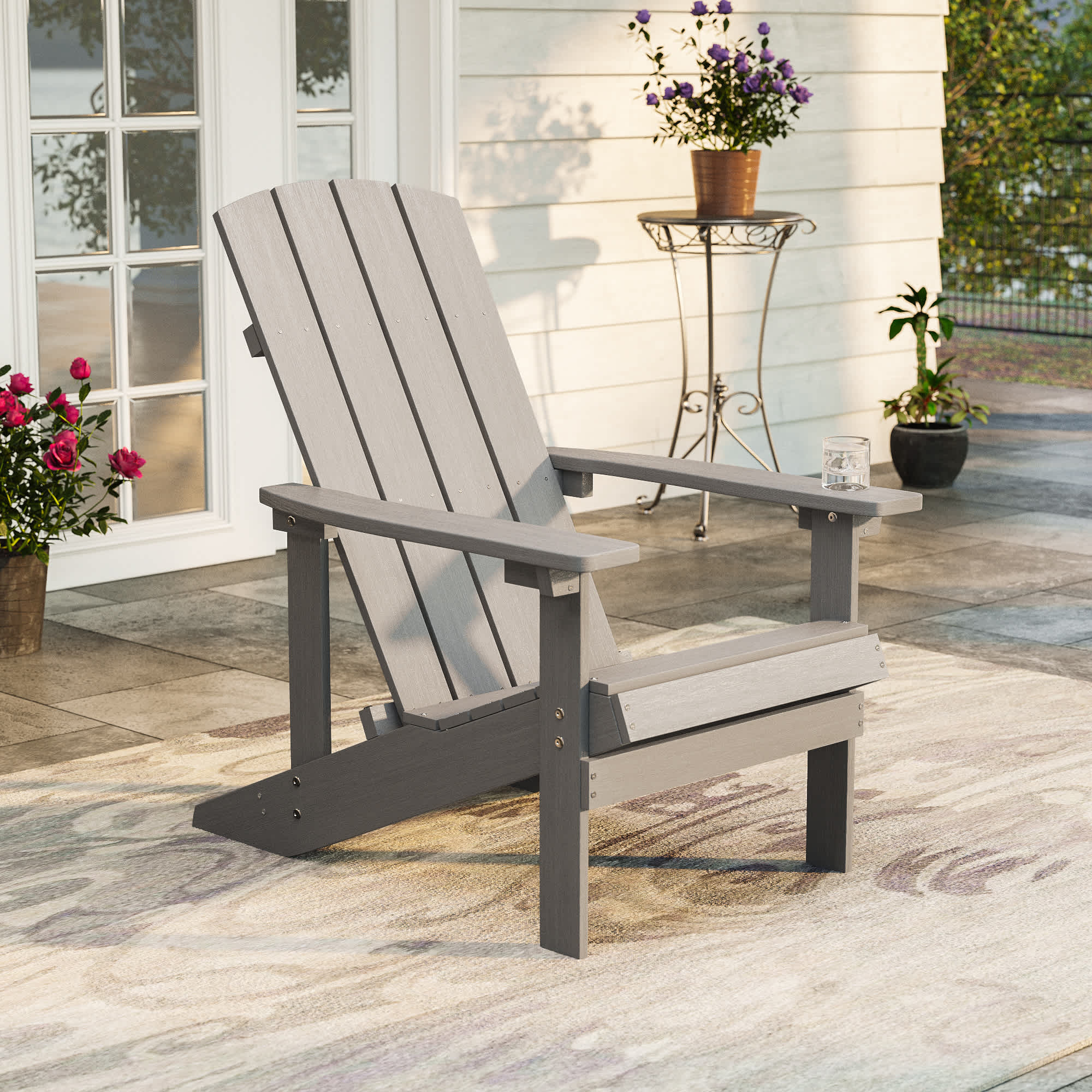 Aok Garden Outdoor HIPS Plastic Adirondack Chair with Cup Holder Grey ...