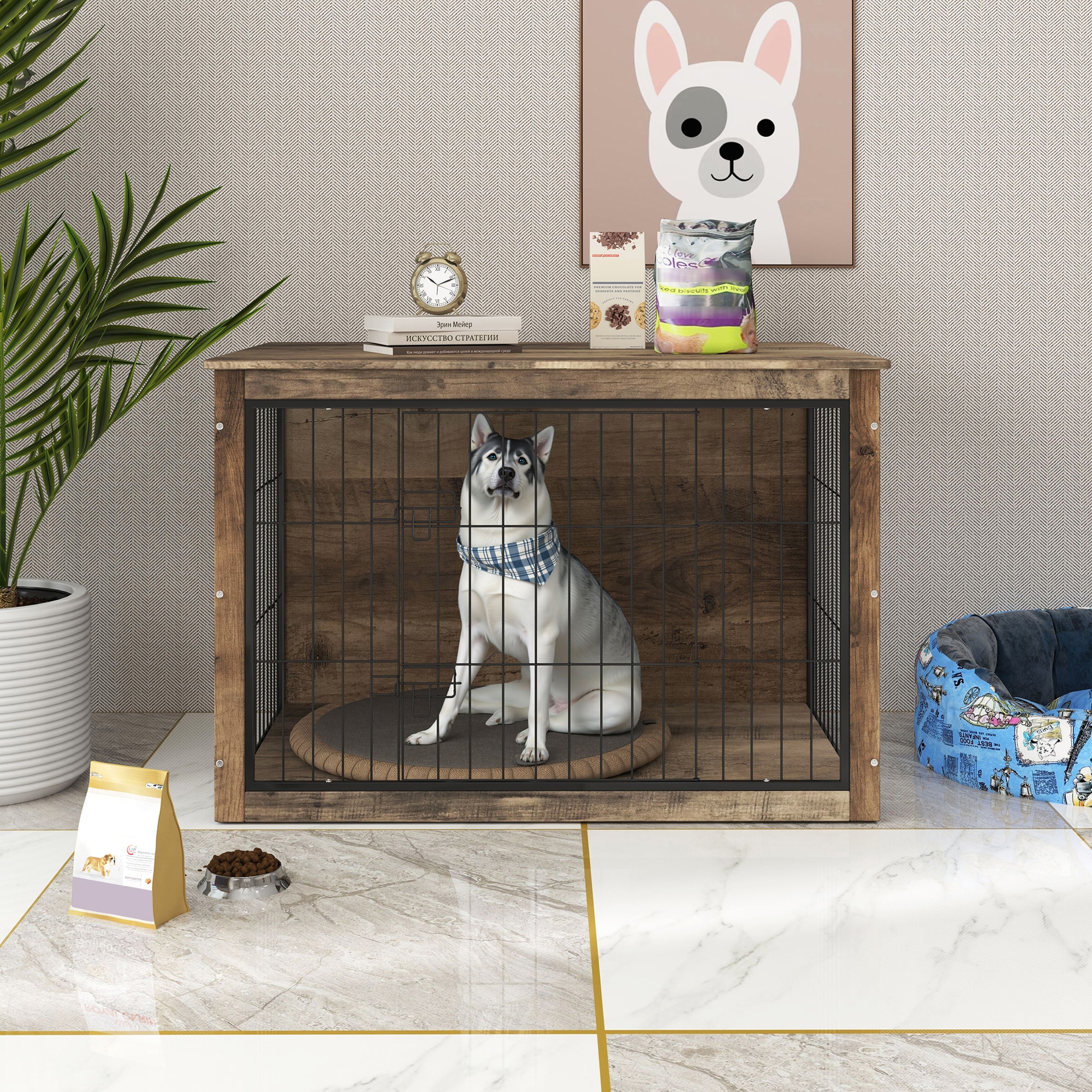 LOVMOR Wooden Dog Crate Furniture Double Doors Indoor Dog Kennel in the ...