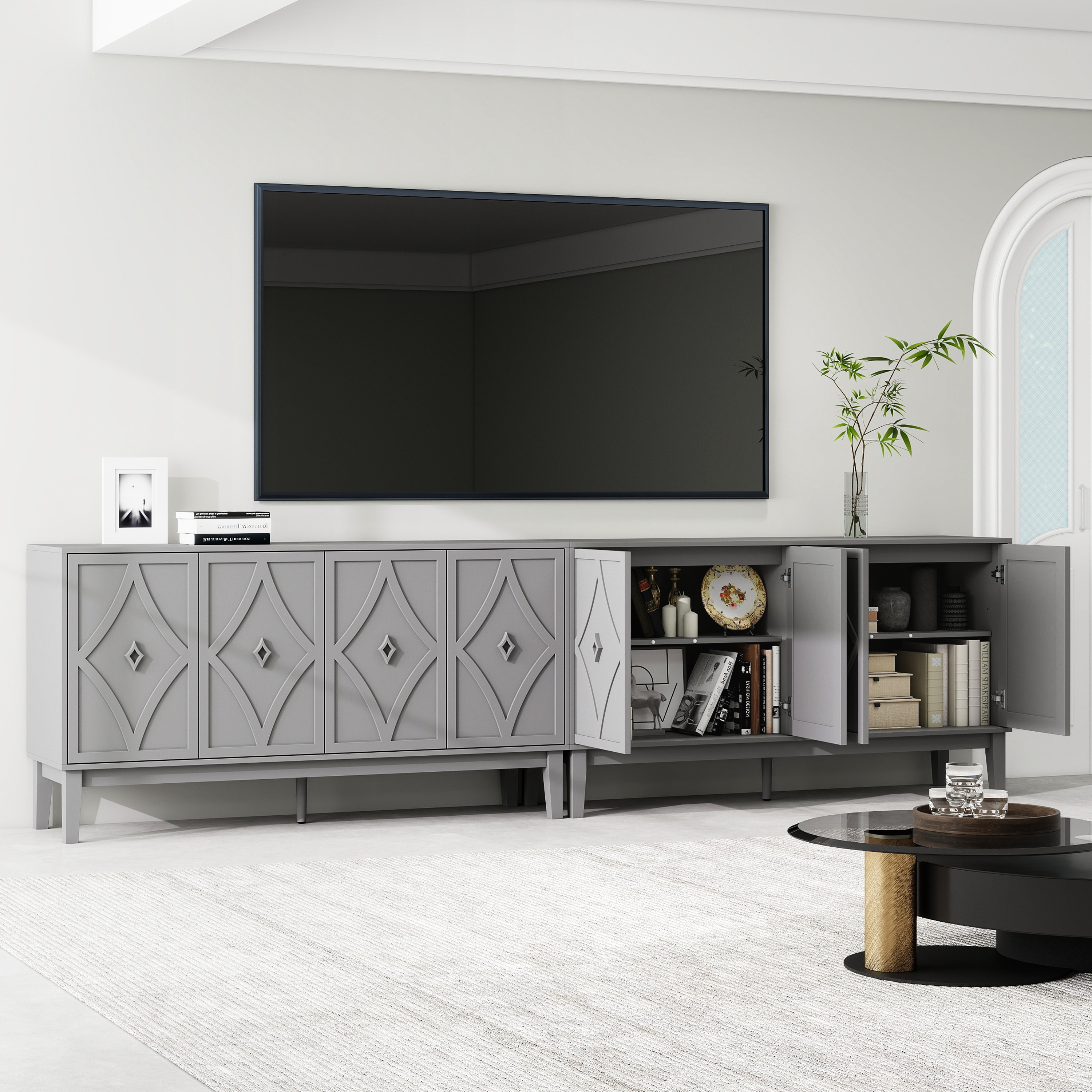 Wooakway 59 Inch Black Oak 4-Door Vintage Hand-Carved Geometric ...