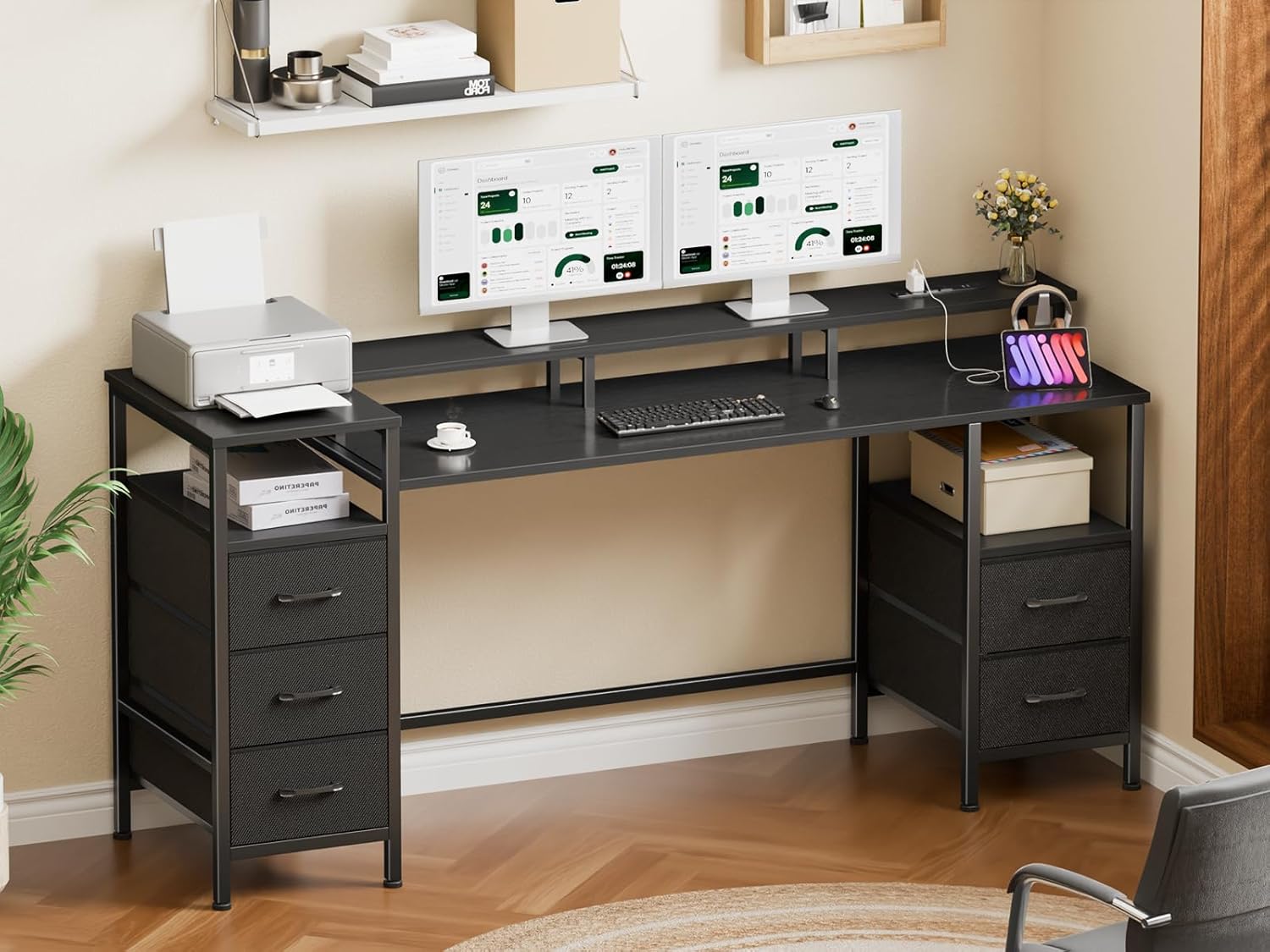 Furologee 61 Inch Computer Desk with 5 Fabric Storage Drawers Gaming ...