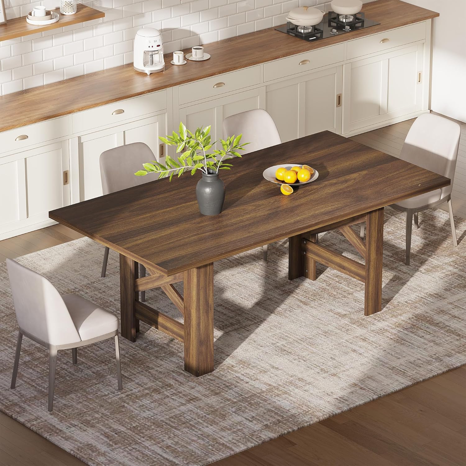 Qeetex Brown Long Wooden Dining Table for 6-8 with Sturdy Triangular ...