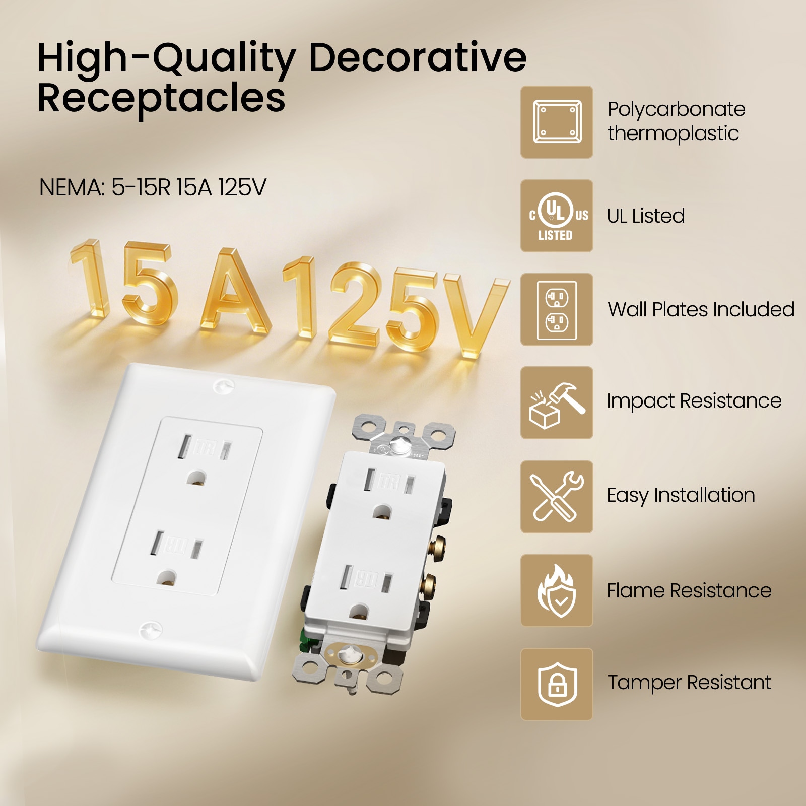 ELEGRP Decorator Wall Receptacle Outlet Tamper Resistant 15 Amp ...