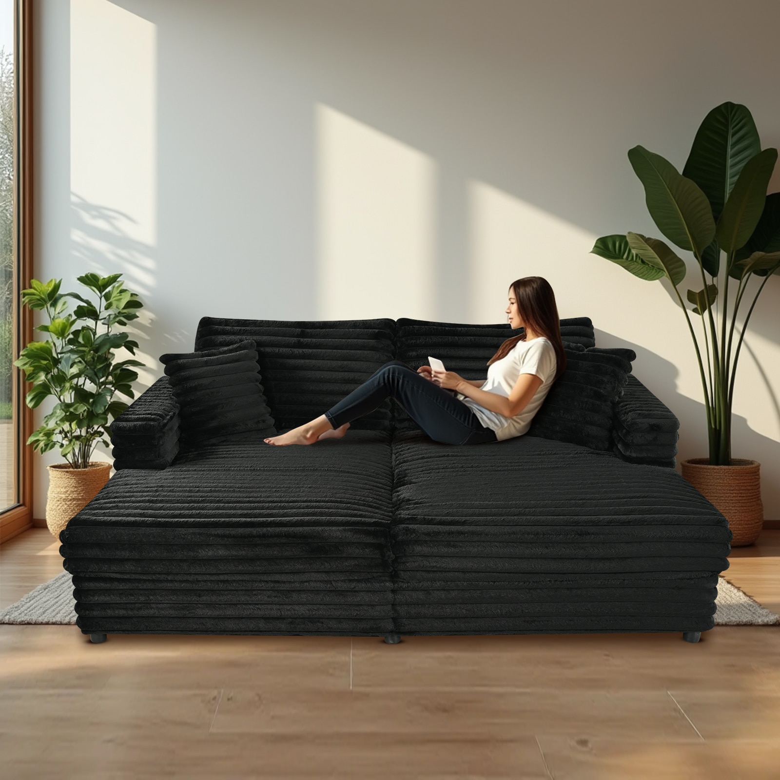 GDFStudio Modern Corduroy Oversized Loveseat Chaise Lounge Sofa Bed ...