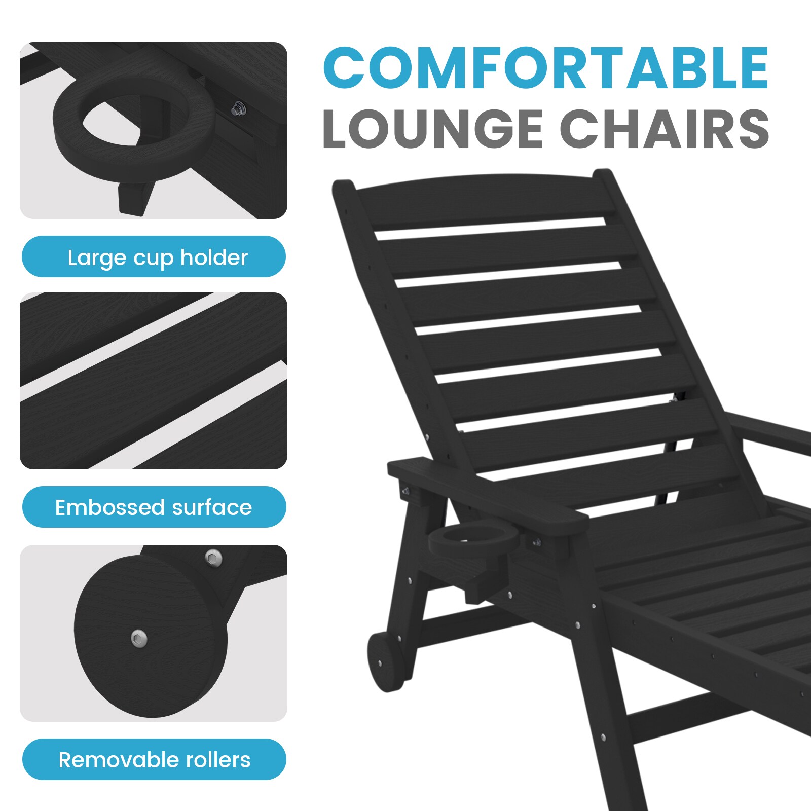 Serwall Extended Black Reclining Lounge Chair Outdoor HDPE Chaise ...
