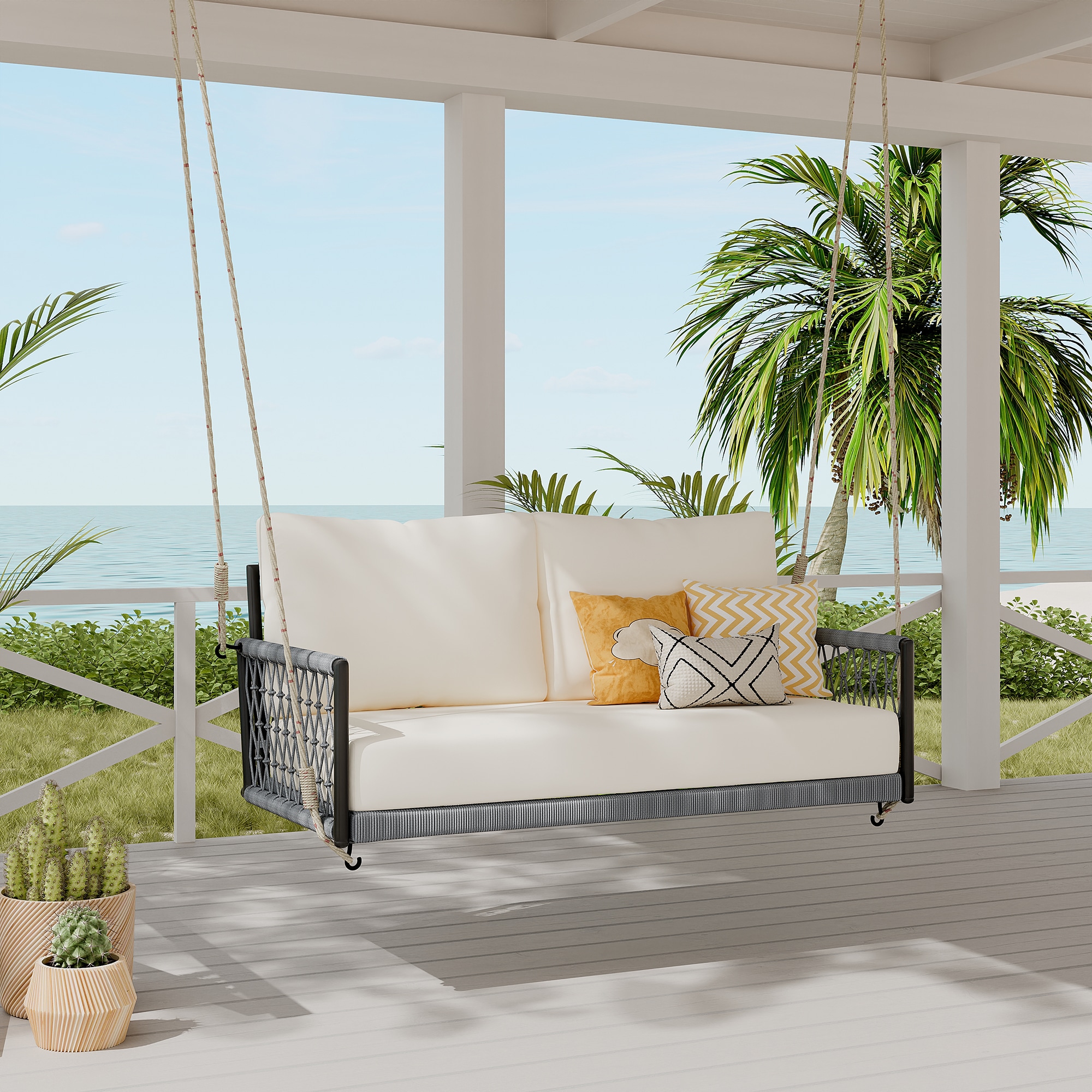 LIVIZA Woven Rope Outdoor Swing Sofa 2 -person Beige-Gray Iron Outdoor ...