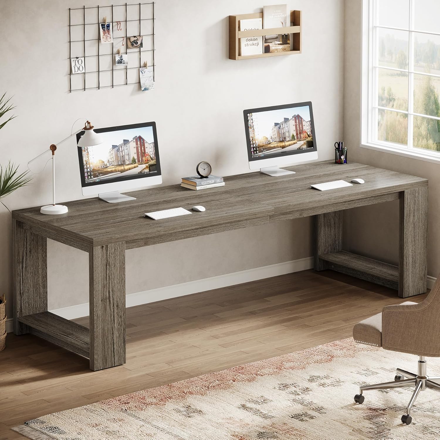 Tribesigns 86.6 inch W Grey Two Person Desk Extra Long Desk Writing ...
