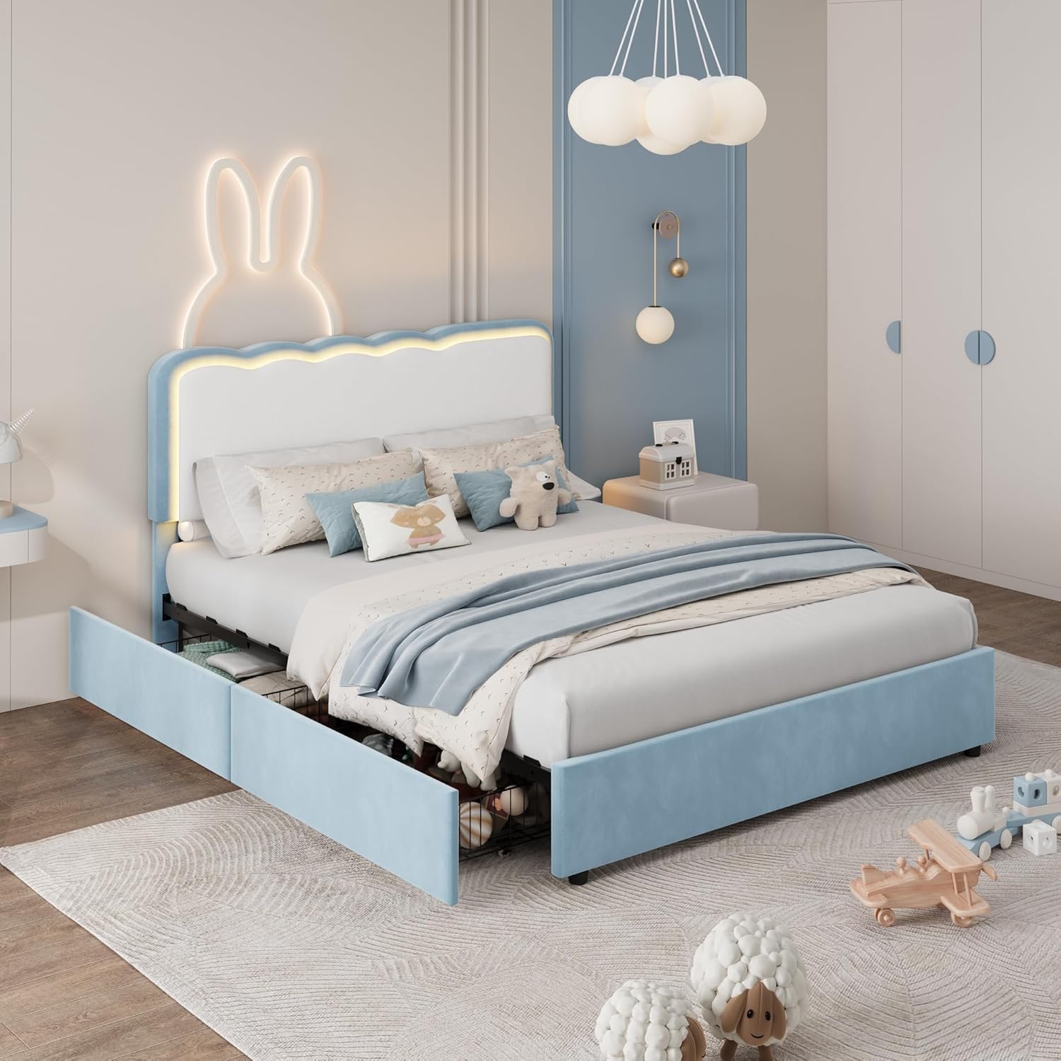 IdealHouse Queen Velvet LED Bed Frame with Storage Drawers Upholstered ...