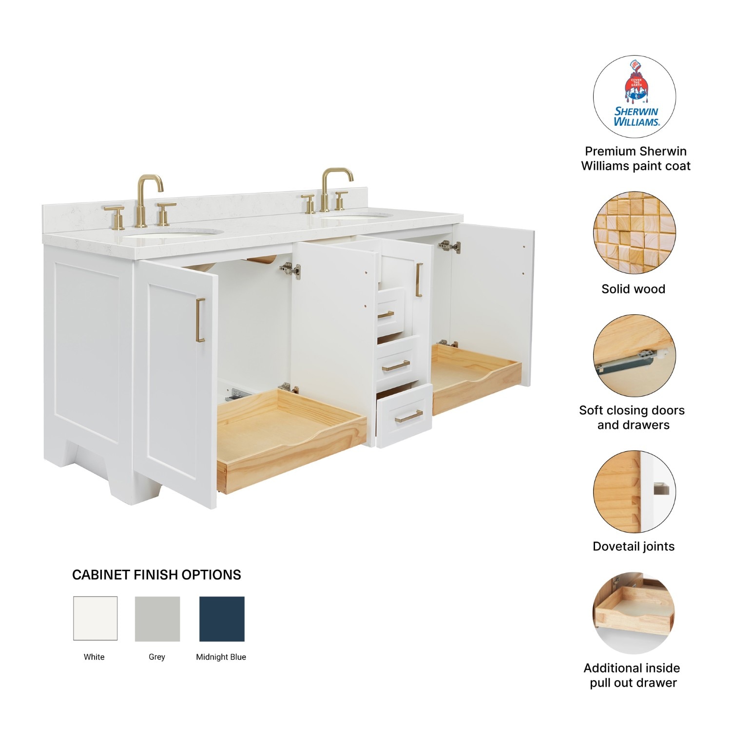 ARIEL Taylor 72-in White Undermount Double Sink Bathroom Vanity with ...