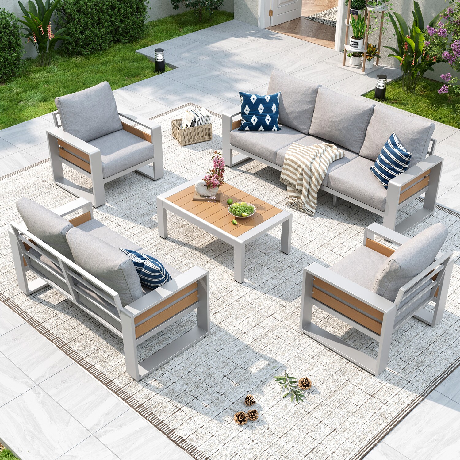 Nordivale 7-Seat Aluminum Patio Set with Thick Cushions Coffee Table ...