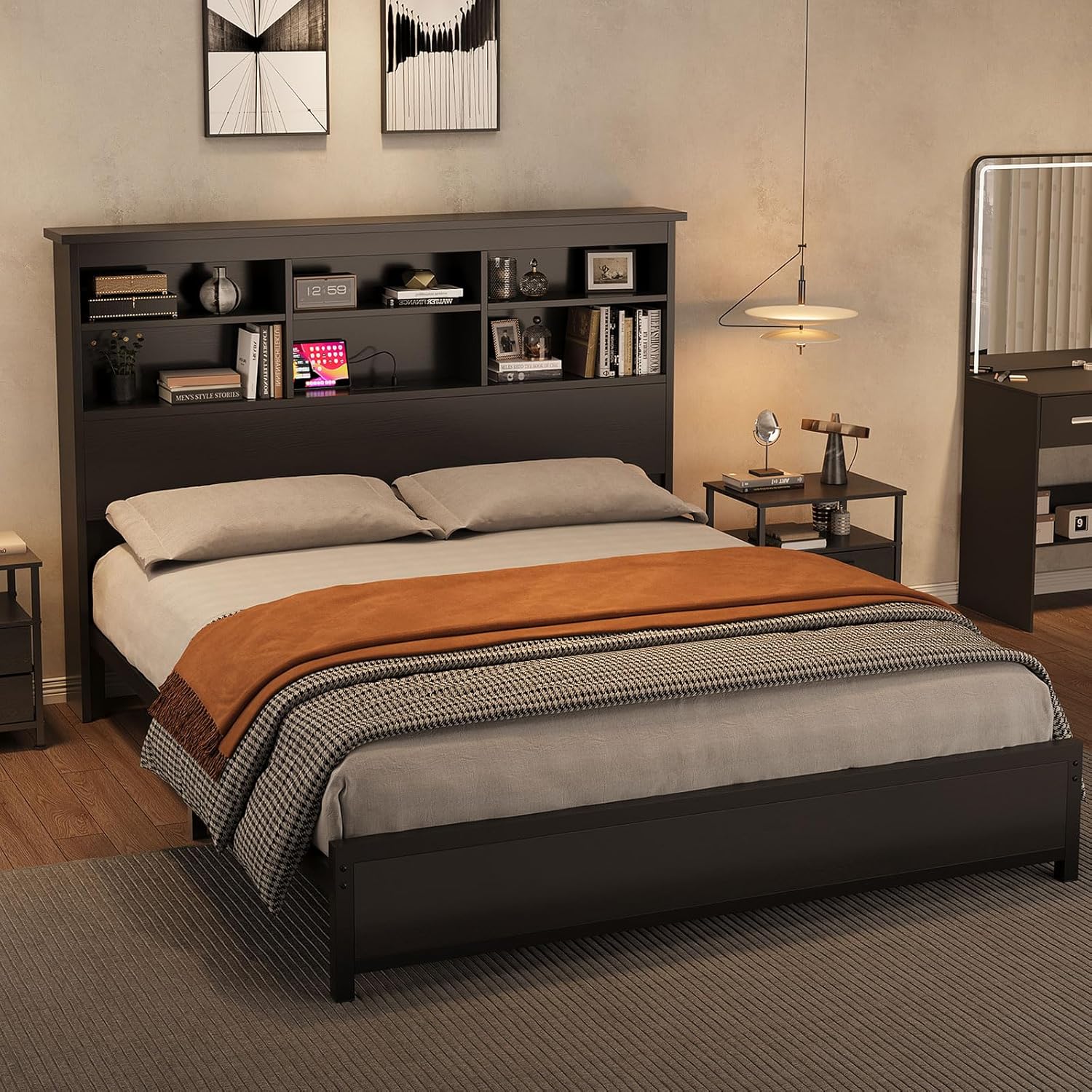 WhizMax Full Size Wooden Bed Frame with Bookcase Headboard Type c and ...