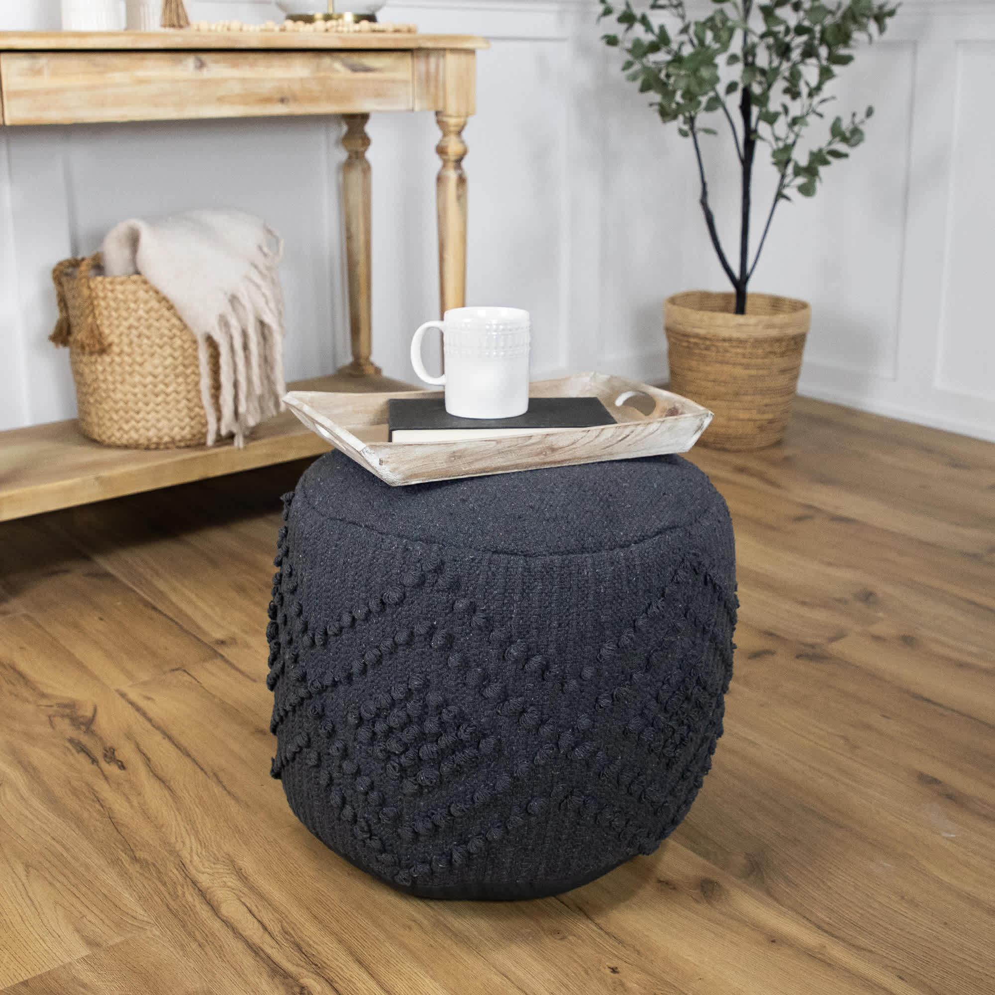 Northlight Woven Cotton Textured Round Pouf - 14 inch - Gray in the ...