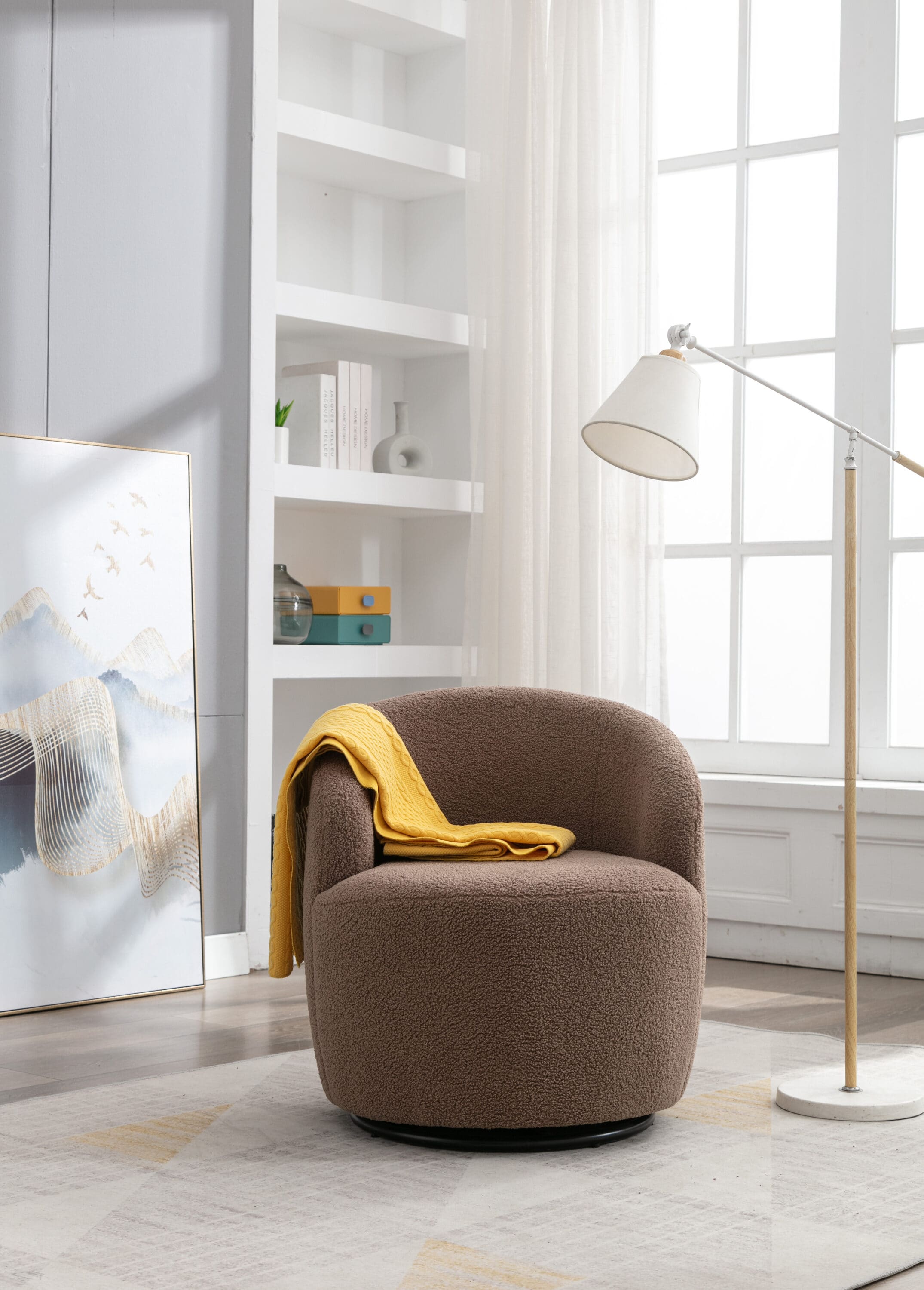 LOVMOR Teddy Fabric Swivel Accent Armchair Barrel Chair With Black ...