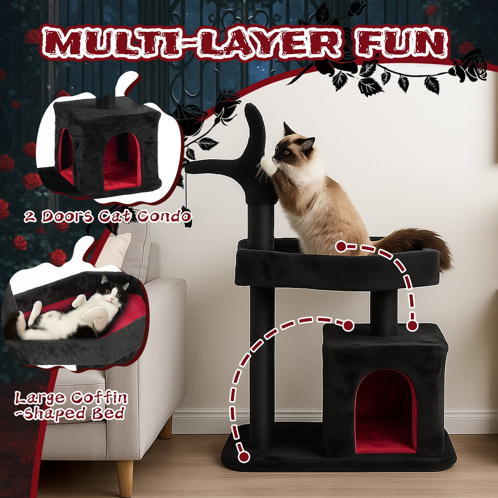 Zyerch Heavy Duty Gothic Cat Tree Large Cat Tower with Coffin Shaped ...
